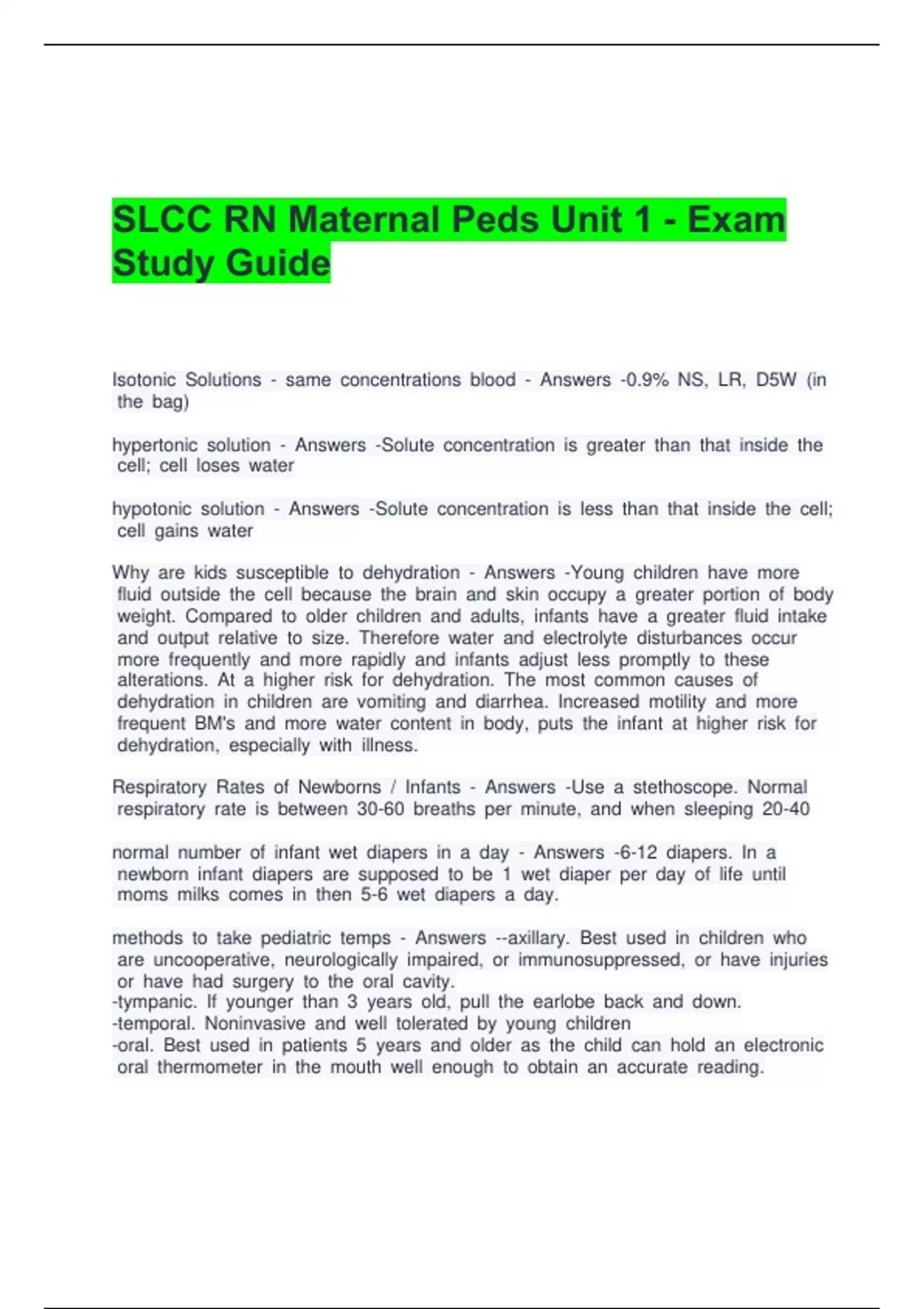 SLCC RN Maternal Peds Unit 1 - Exam Study Guide - SLCC RN - Stuvia US