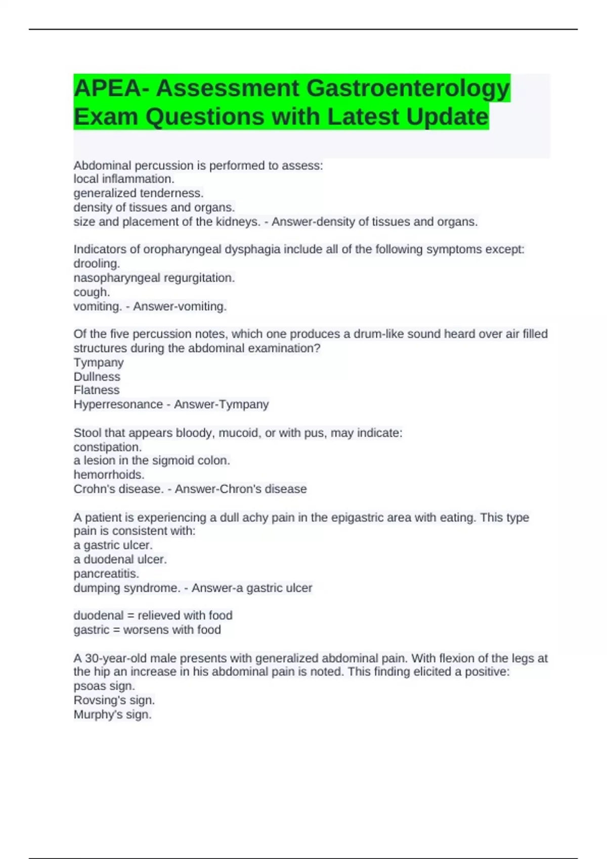 APEA- Assessment Gastroenterology Exam Questions with Latest Update ...