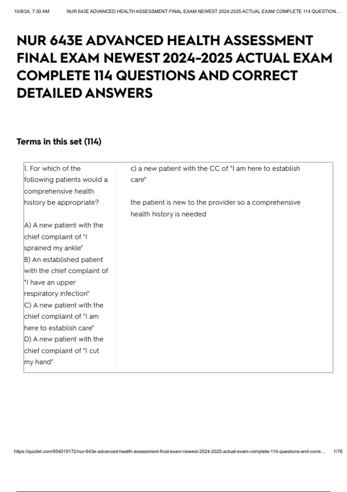 NUR 643E ADVANCED HEALTH ASSESSMENT FINAL EXAM NEWEST ACTUAL EXAM ...