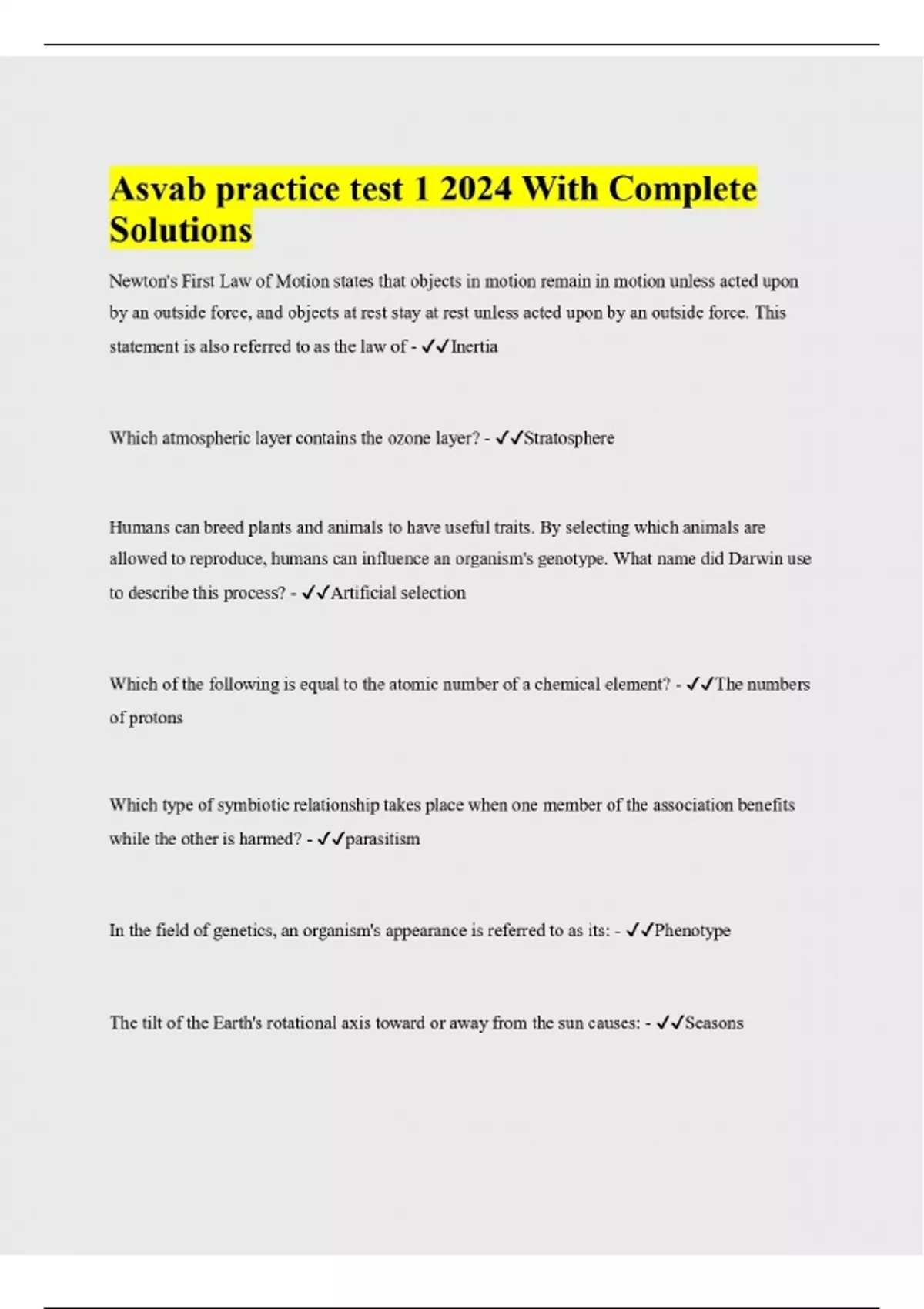 Asvab practice test 1 2024 With Complete Solutions - CLASSROOM - Stuvia US