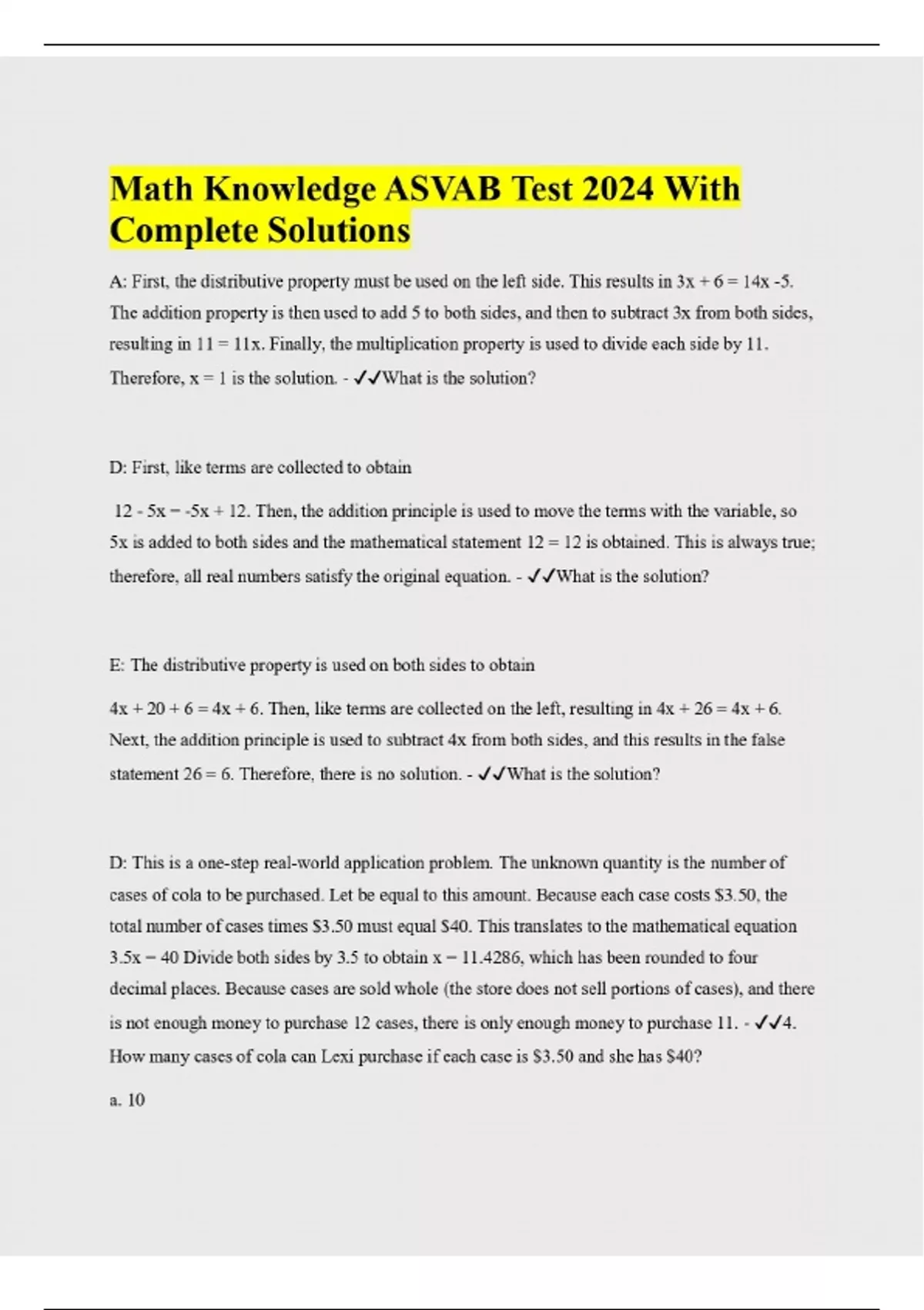 Math Knowledge ASVAB Test 2024 With Complete Solutions - CLASSROOM ...