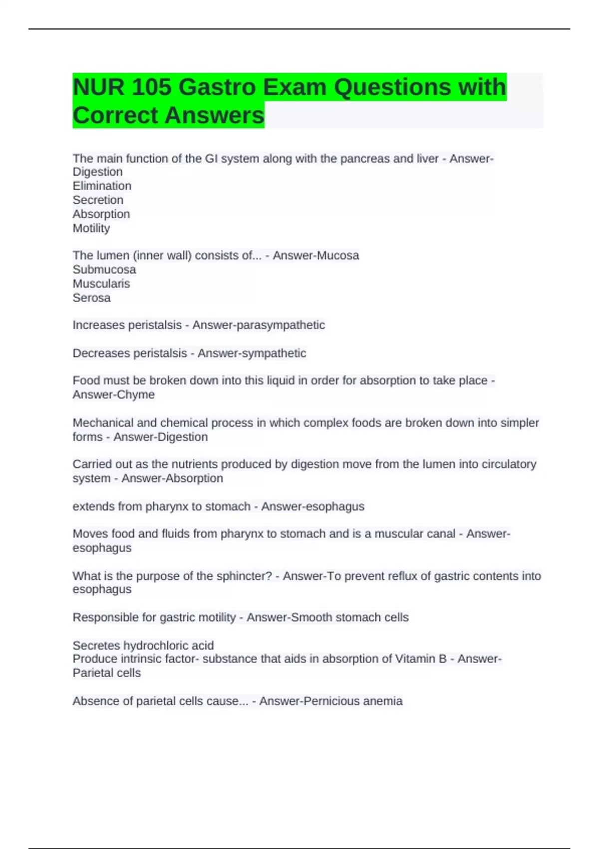NUR 105 Gastro Exam Questions with Correct Answers - Gastroenterology ...
