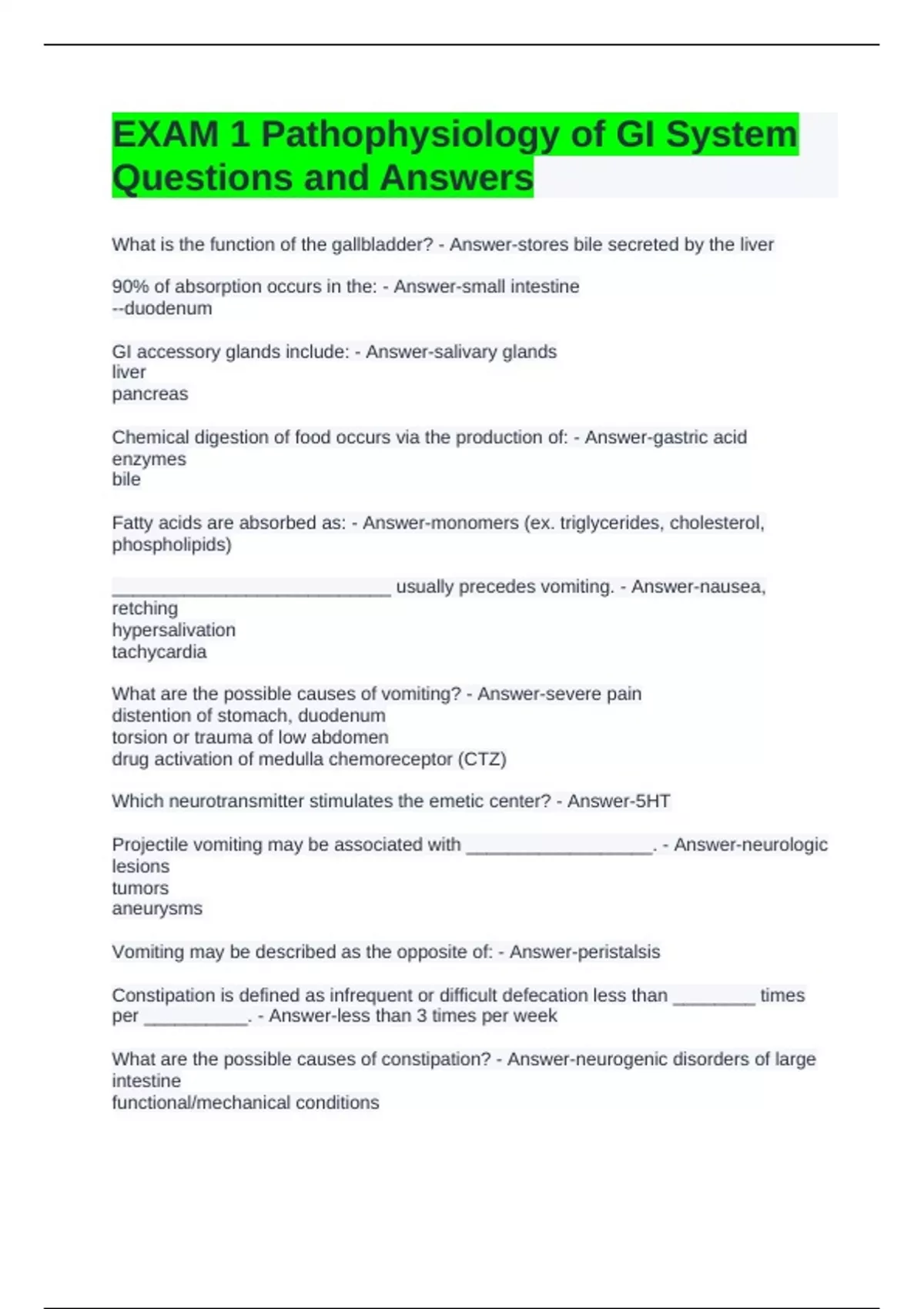 EXAM 1 Pathophysiology of GI System Questions and Answers ...