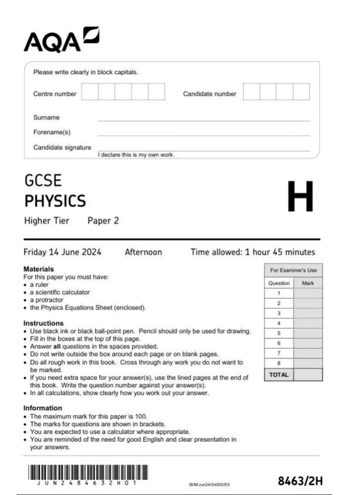 AQA GCSE PHYSICS Higher Tier Paper 2 question paper 2024 june 8463/2H ...