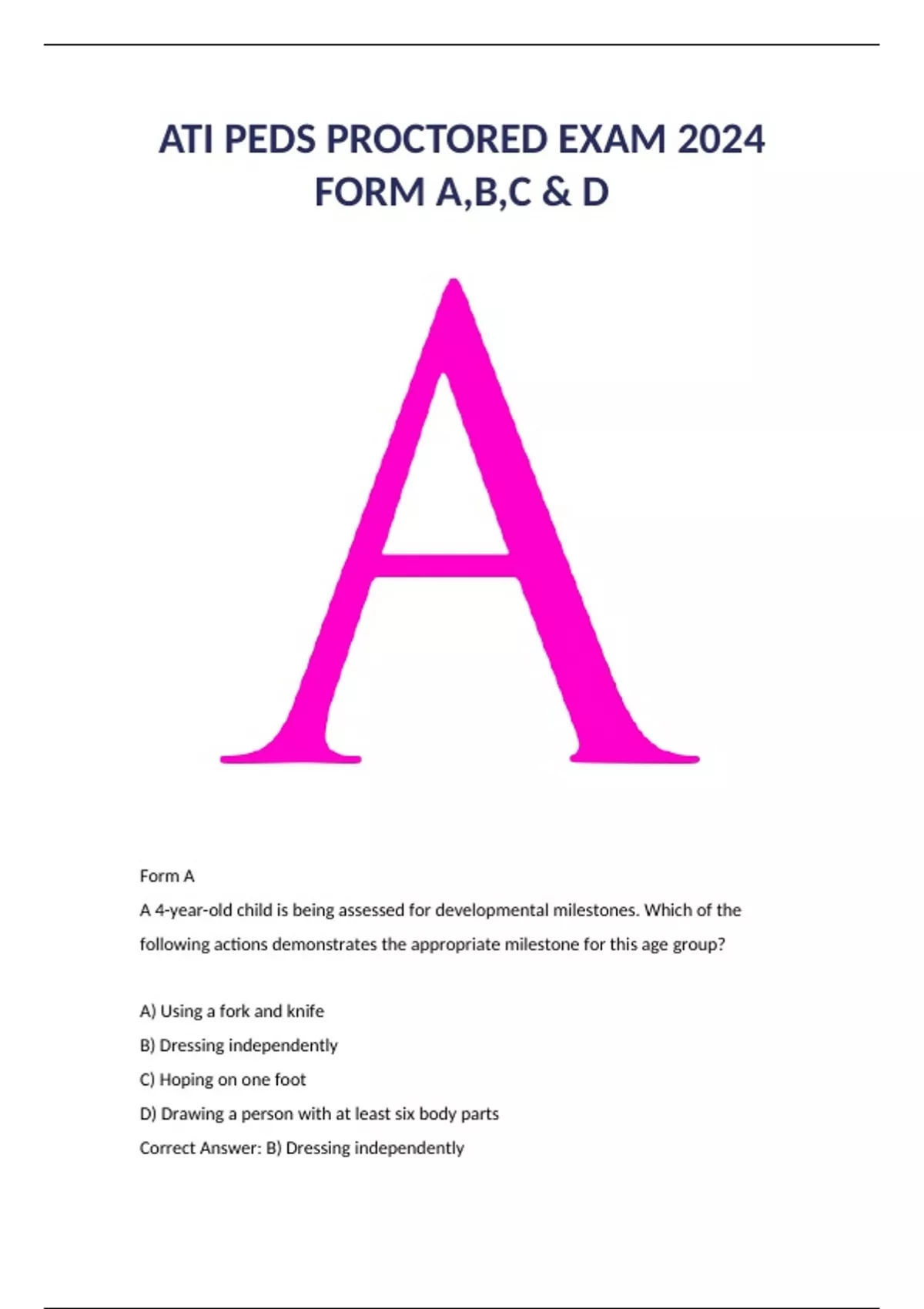 ATI PEDS PROCTORED EXAM 2023 FORM A,B,C & D/PEDIATRIC ATI PROCTORED ...