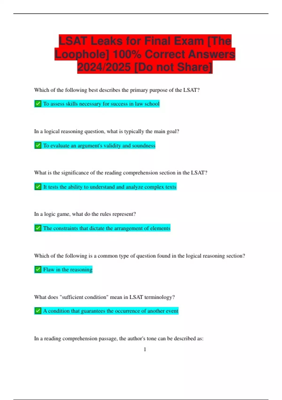 LSAT Leaks for Final Exam [The Loophole] 100% Correct Answers 2024/2025 ...