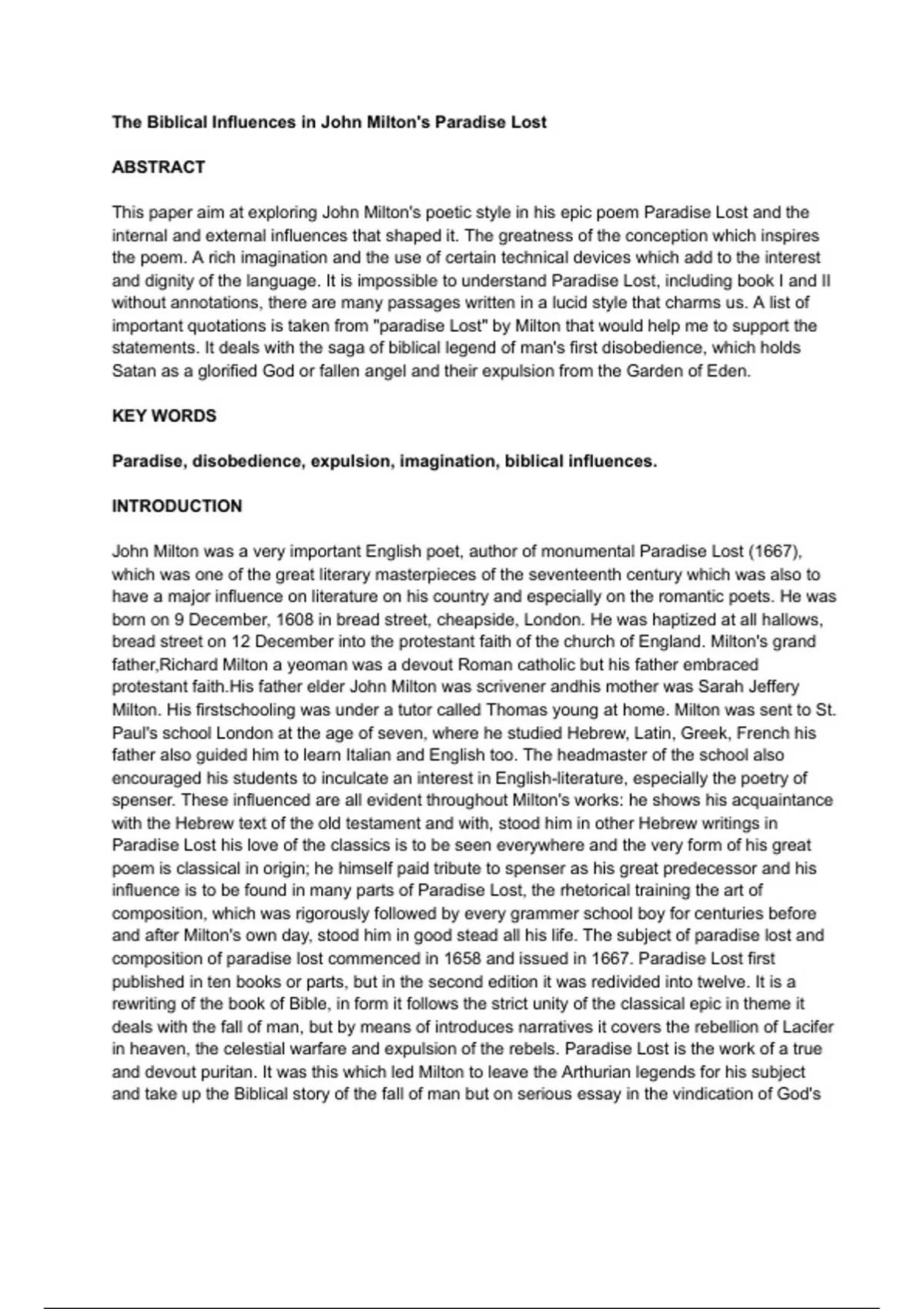 The Biblical Influences in John Milton's Paradise Lost - English 001 (R ...