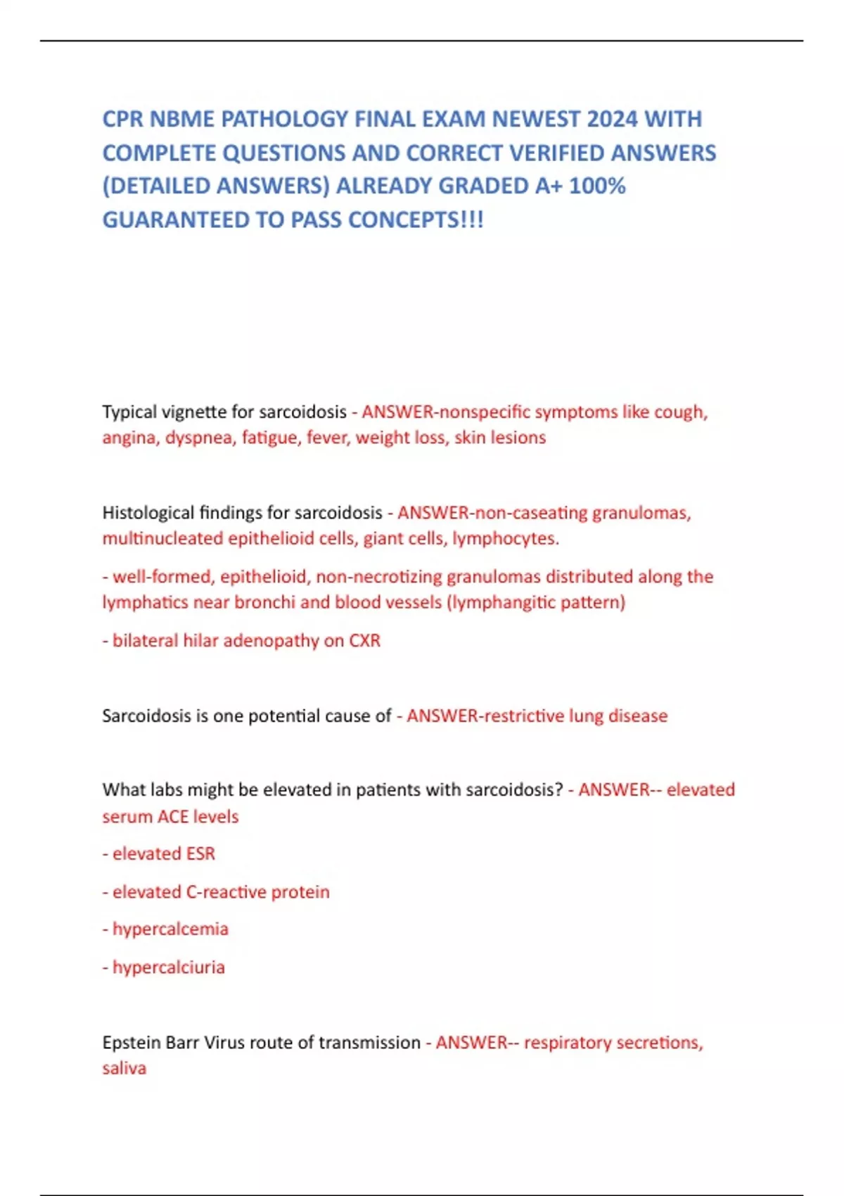 CPR NBME PATHOLOGY FINAL EXAM NEWEST 2024 WITH COMPLETE QUESTIONS AND ...