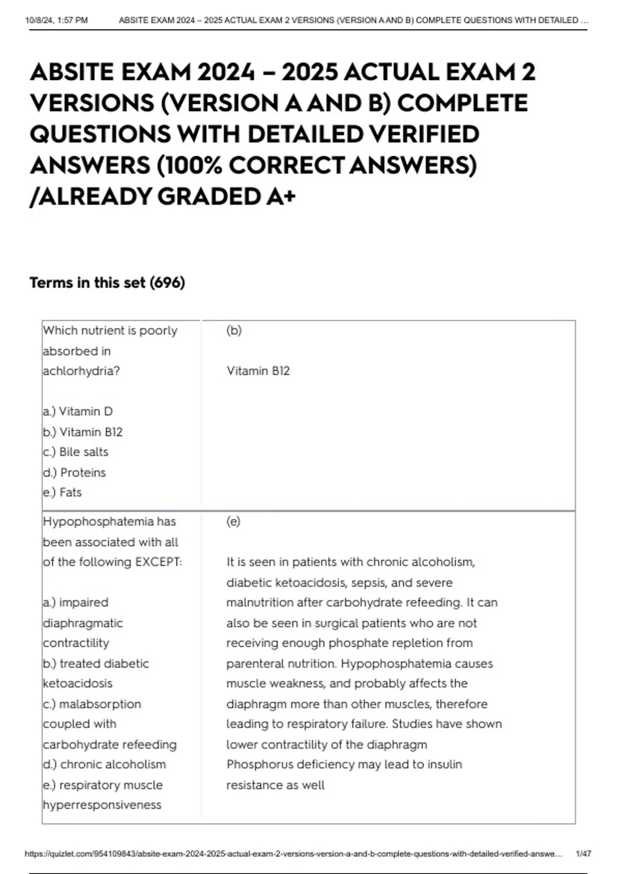 ABSITE EXAM 2024 – 2025 ACTUAL EXAM 2 VERSIONS (VERSION A AND B ...