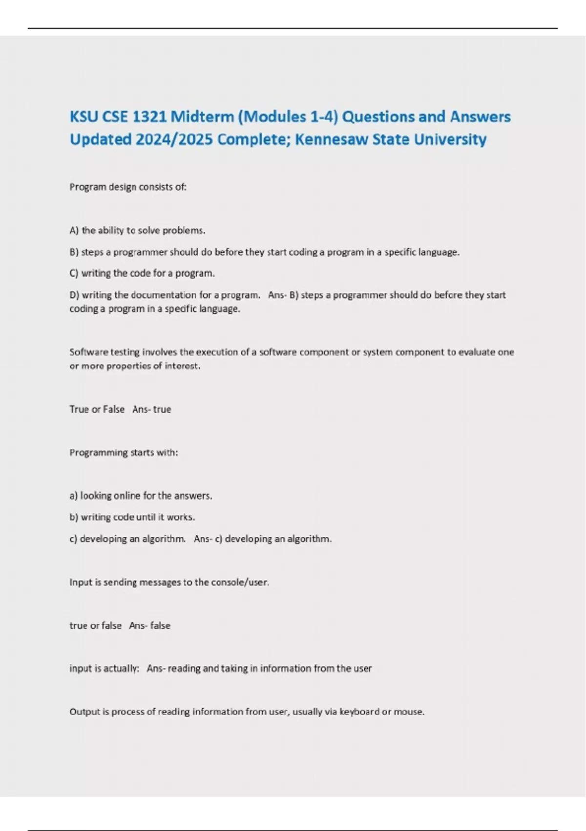 KSU CSE 1321 Midterm (Modules 1-4) Questions and Answers Updated 2024/2025 Complete; Kennesaw ...