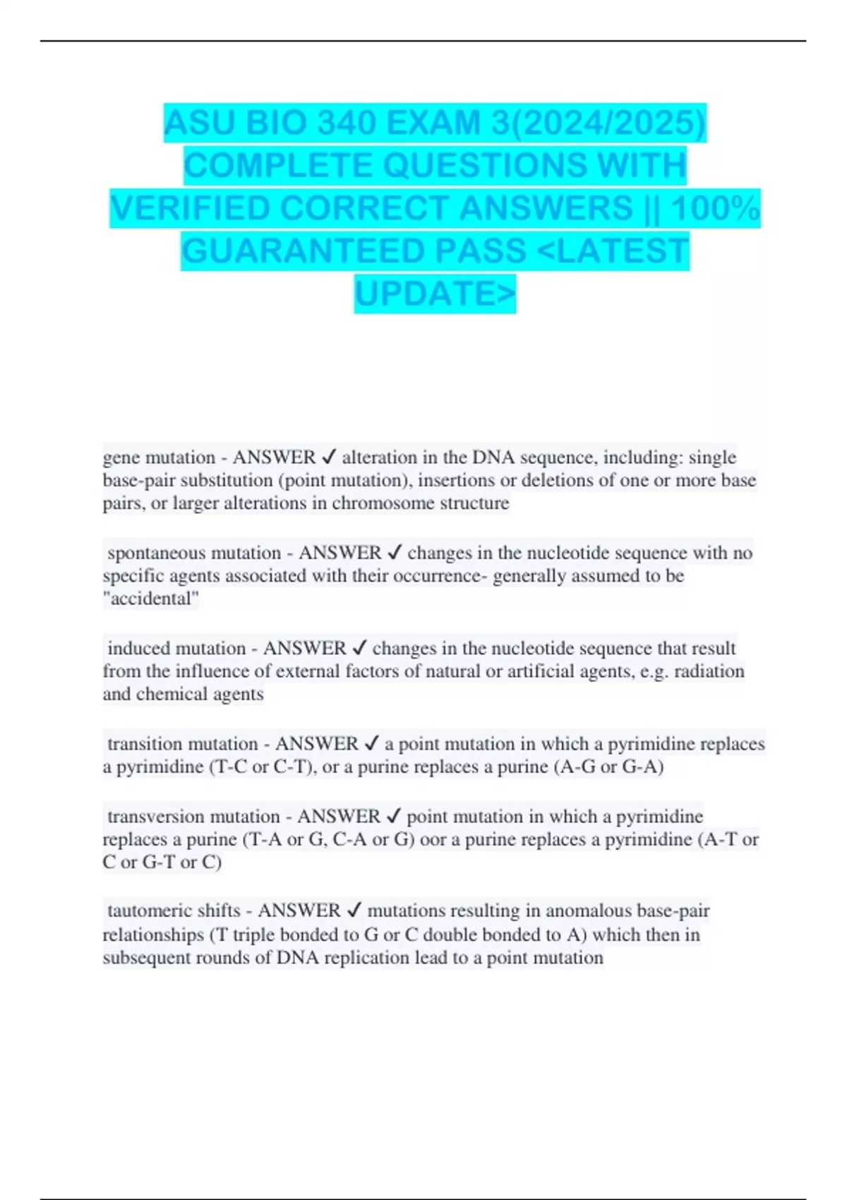 ASU BIO 340 EXAM 3(2024/2025) COMPLETE QUESTIONS WITH VERIFIED CORRECT ANSWERS || 100% ...