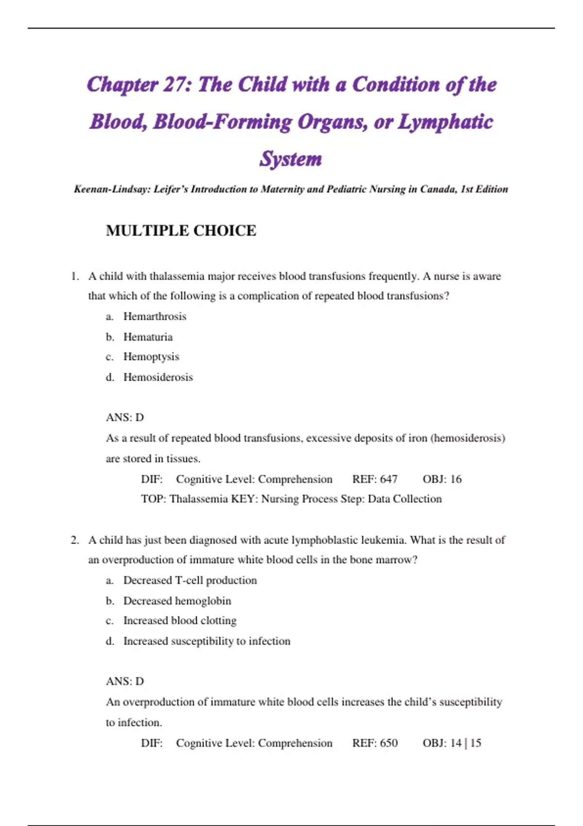 Chapter 27: The Child with a Condition of the Blood, Blood-Forming ...