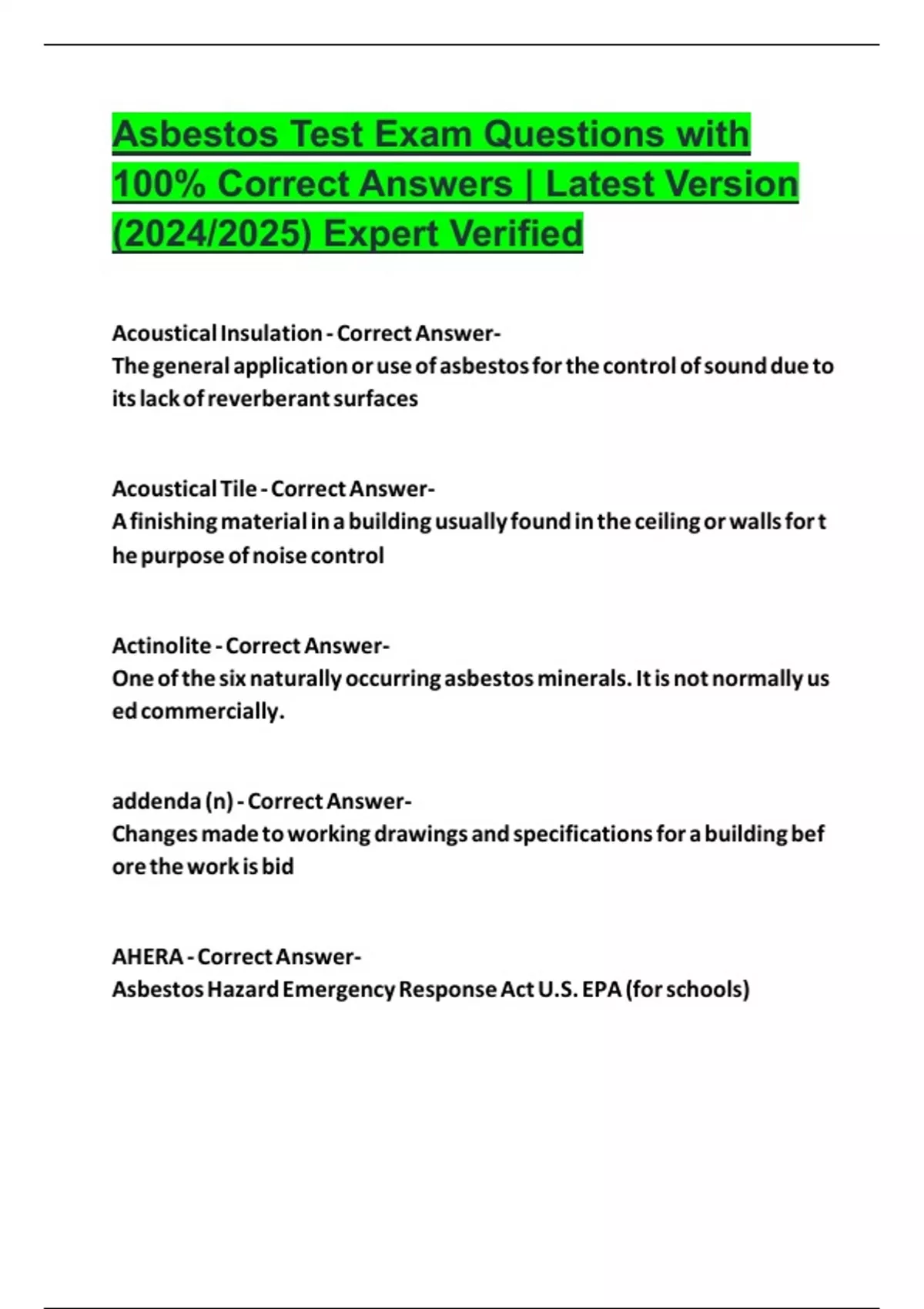 Asbestos Test Exam Questions with 100% Correct Answers | Latest Version ...