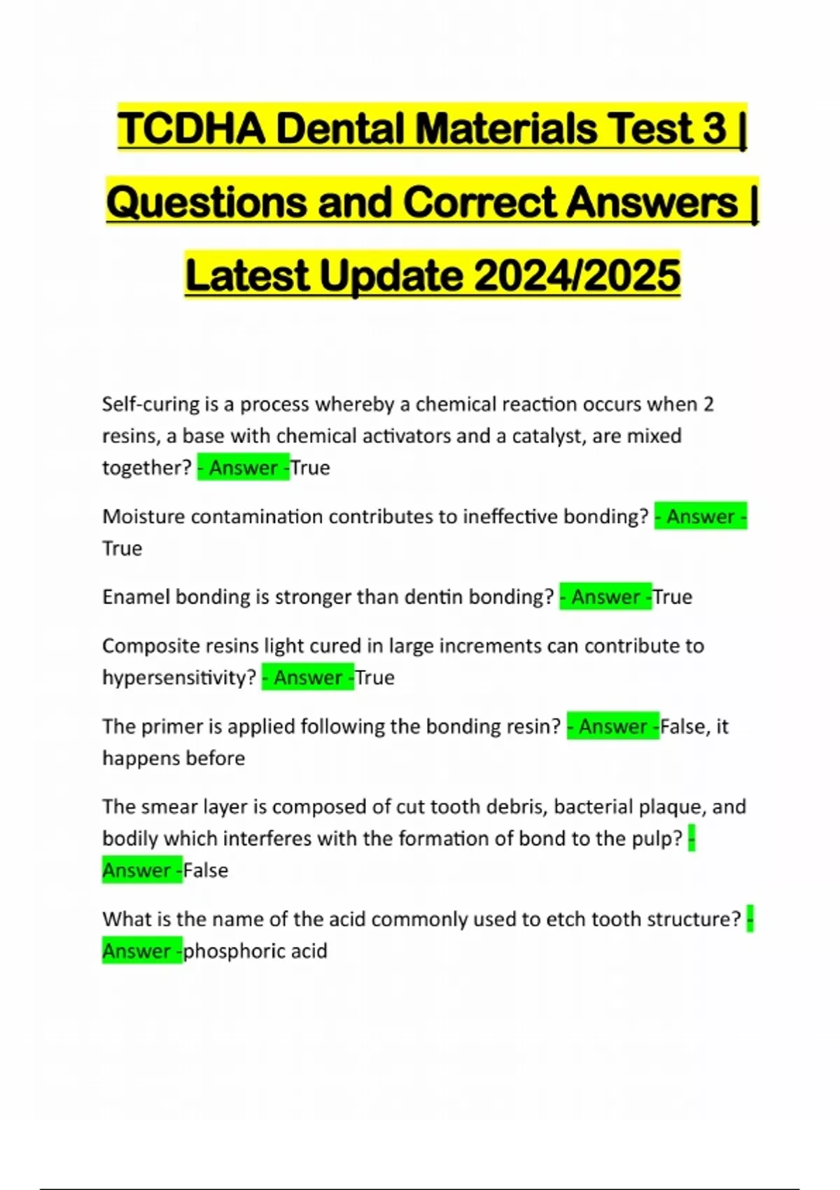 TCDHA Dental Materials Test 3 | Questions and Correct Answers | Latest ...
