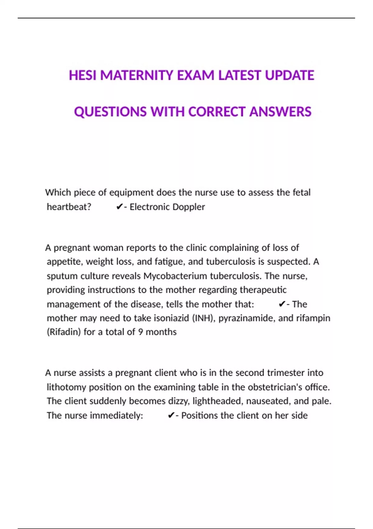 HESI Maternity Exam Latest Update Questions With Correct Answers - HESI ...