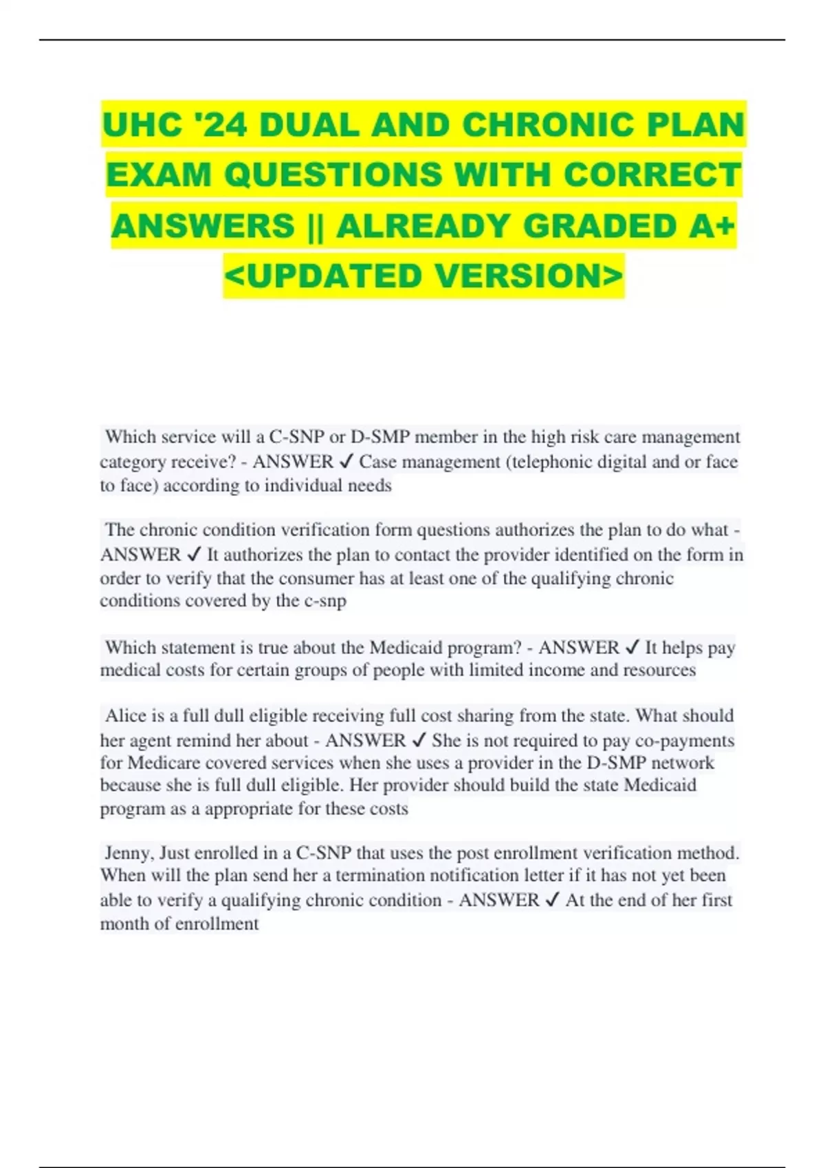 UHC '24 DUAL AND CHRONIC PLAN EXAM QUESTIONS WITH CORRECT ANSWERS ...