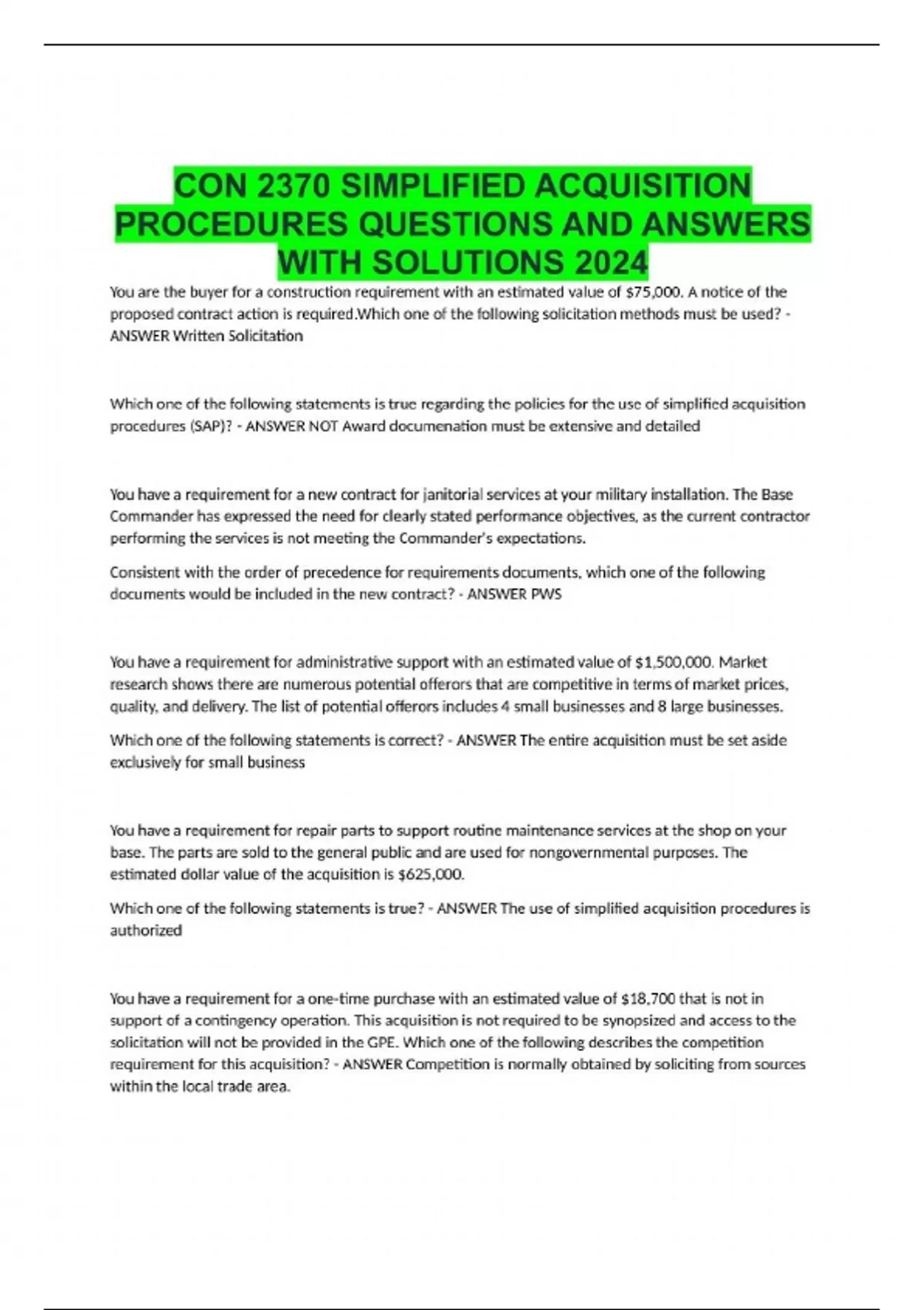 CON 2370 SIMPLIFIED ACQUISITION PROCEDURES QUESTIONS AND ANSWERS WITH ...