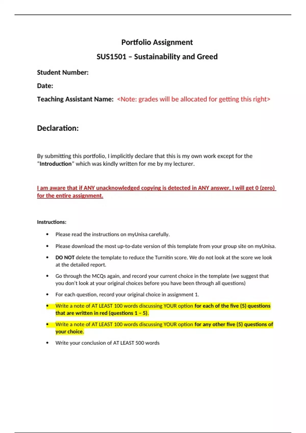 Sus1501 portfolio assessment 8 - Sustainability and Greed (SUS1501 ...