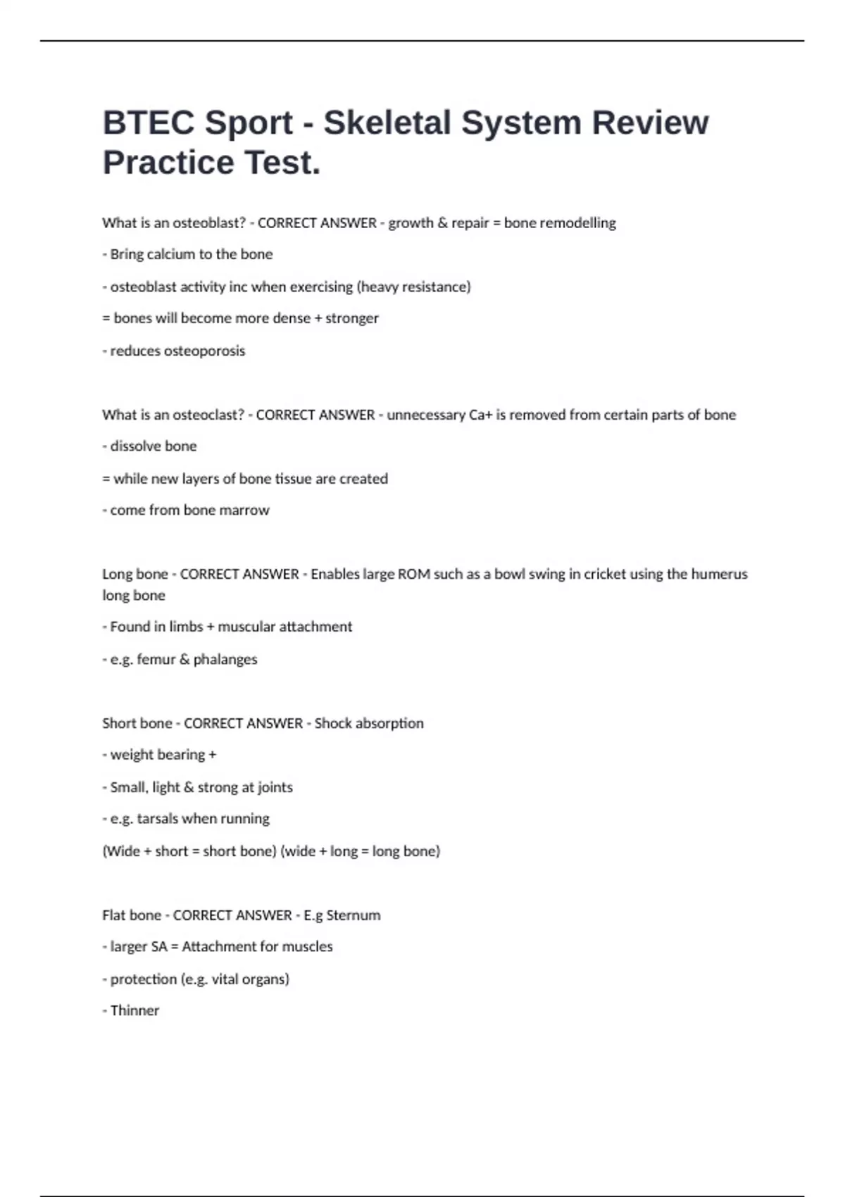 BTEC Sport - Skeletal System Review Practice Test. - BTEC - Stuvia US