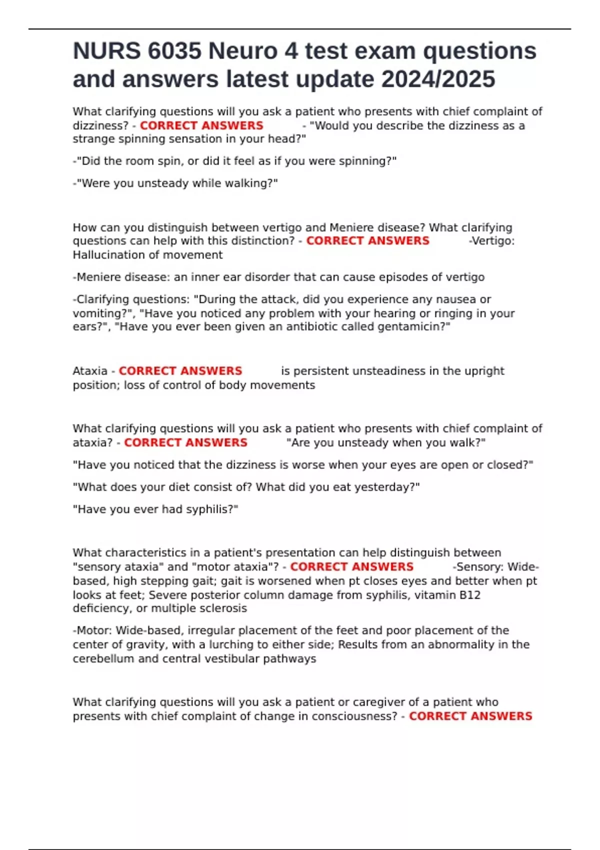 NURS 6035 Neuro 4 test exam questions and answers latest update 2024/ ...