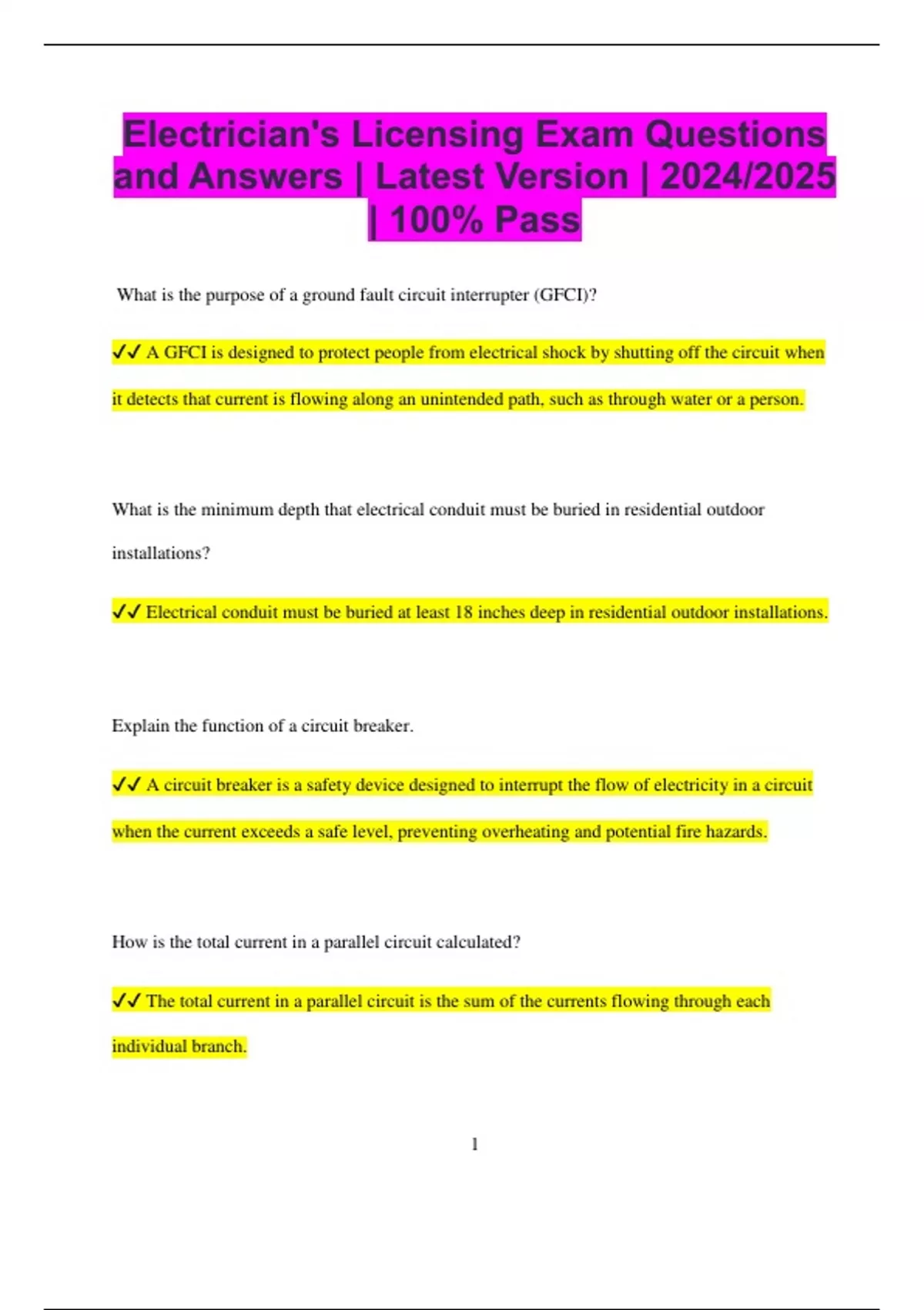 Electrician's Licensing Exam Questions and Answers | Latest Version ...