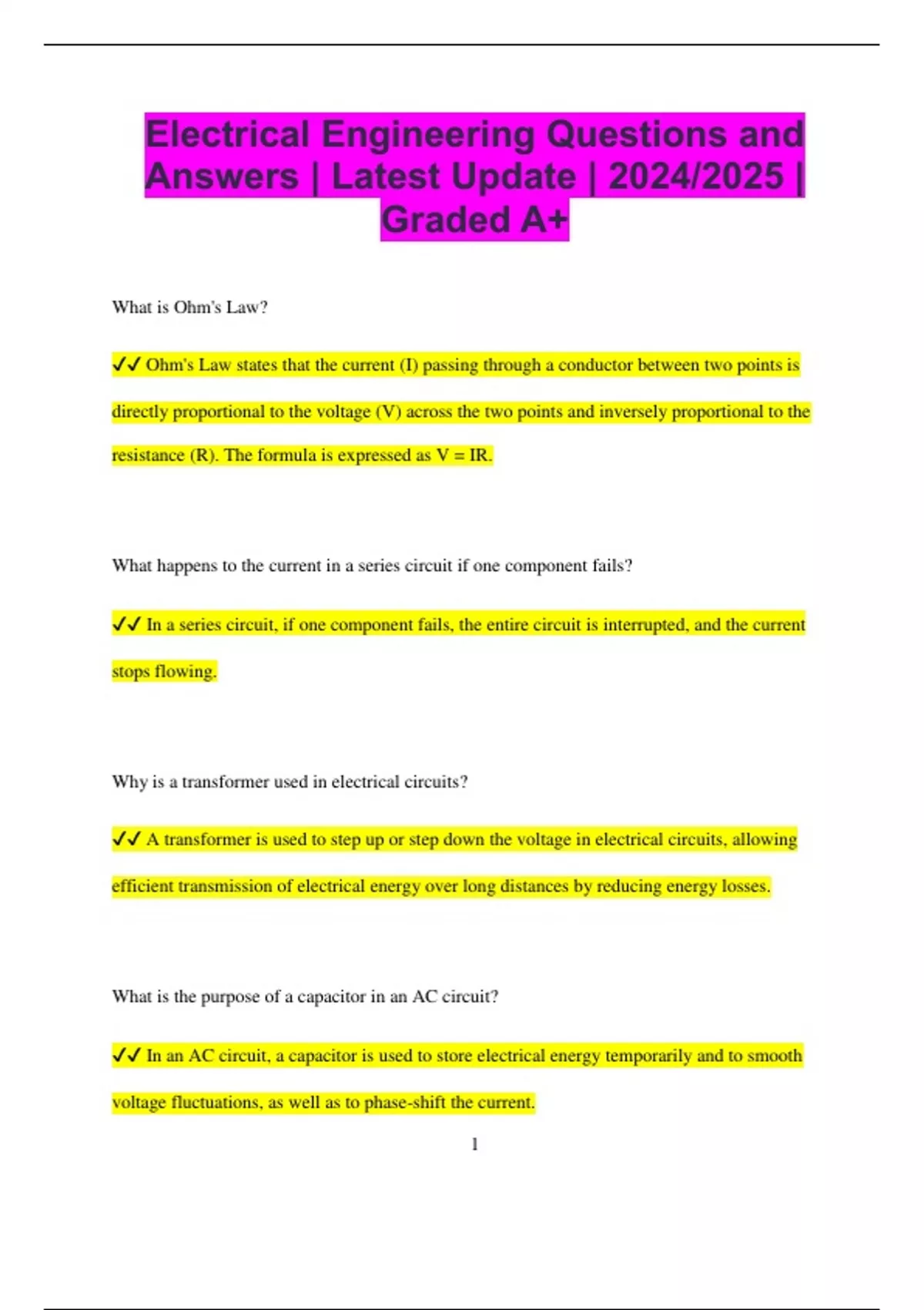 Electrical Engineering Questions and Answers | Latest Update | 2024/ ...