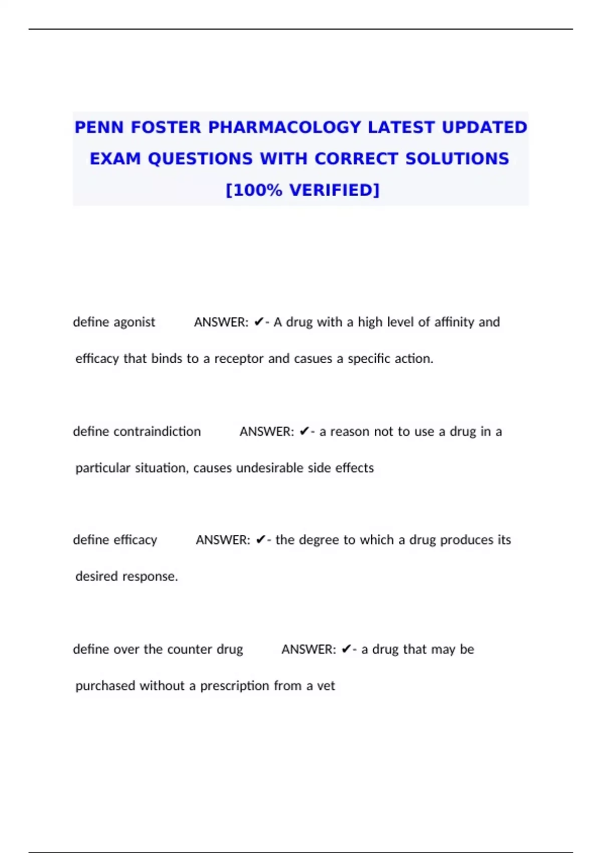 PENN FOSTER PHARMACOLOGY LATEST UPDATED EXAM QUESTIONS WITH CORRECT ...