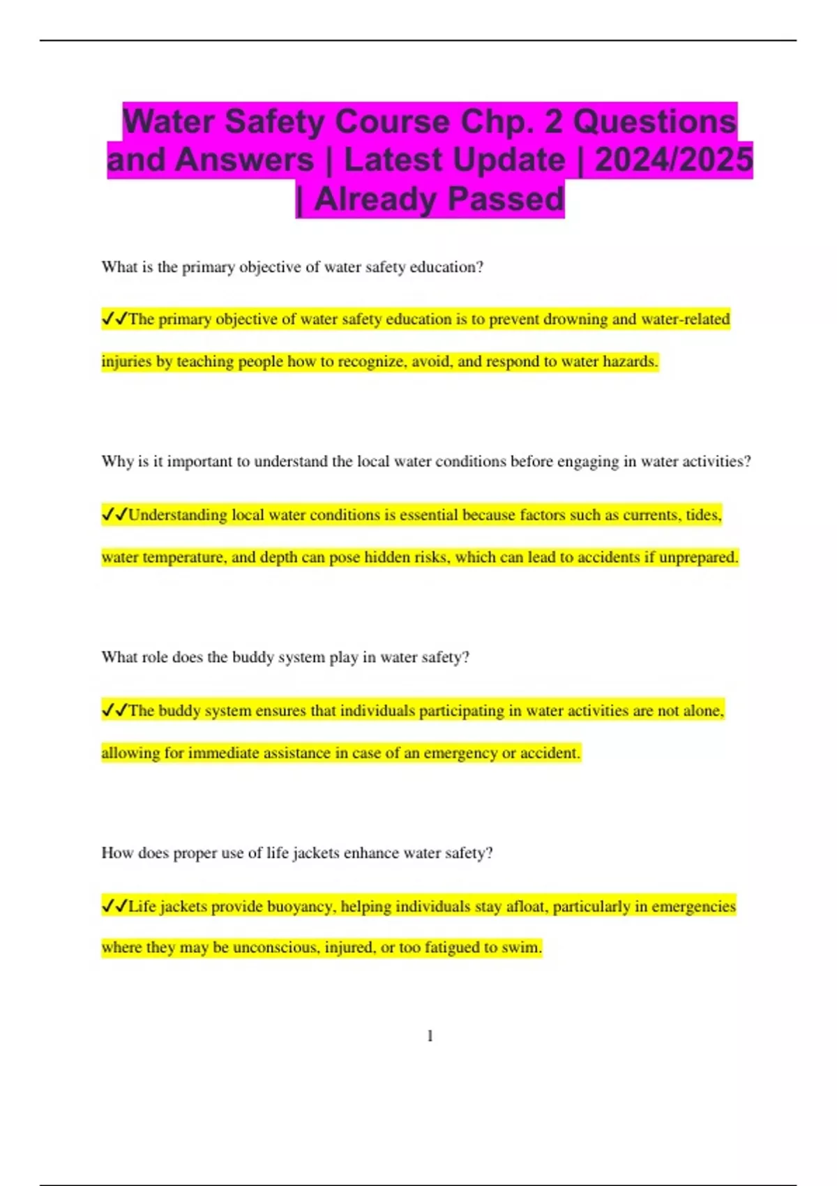 Water Safety Course Chp. 2 Questions and Answers | Latest Update | 2024 ...