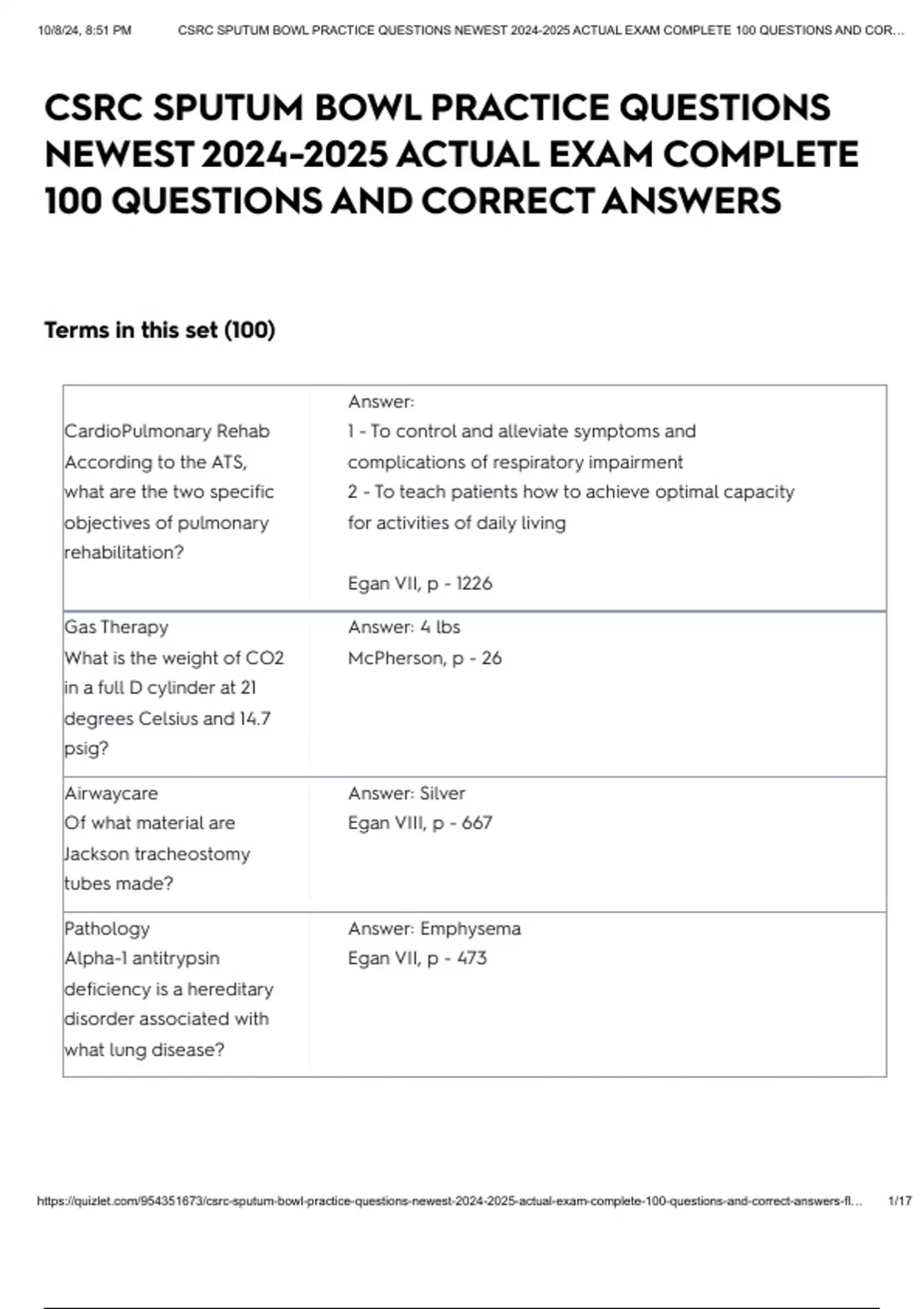 CSRC SPUTUM BOWL PRACTICE QUESTIONS NEWEST ACTUAL EXAM COMPLETE 100 ...