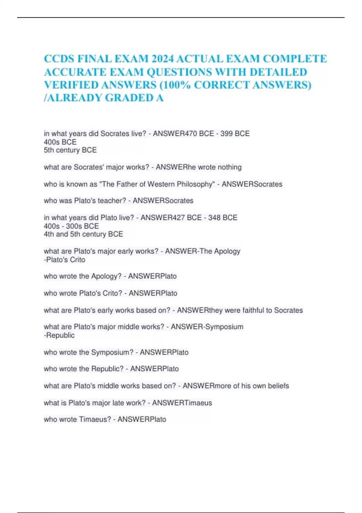 CCDS FINAL EXAM 2024 ACTUAL EXAM COMPLETE ACCURATE EXAM QUESTIONS WITH DETAILED VERIFIED ANSWERS ...