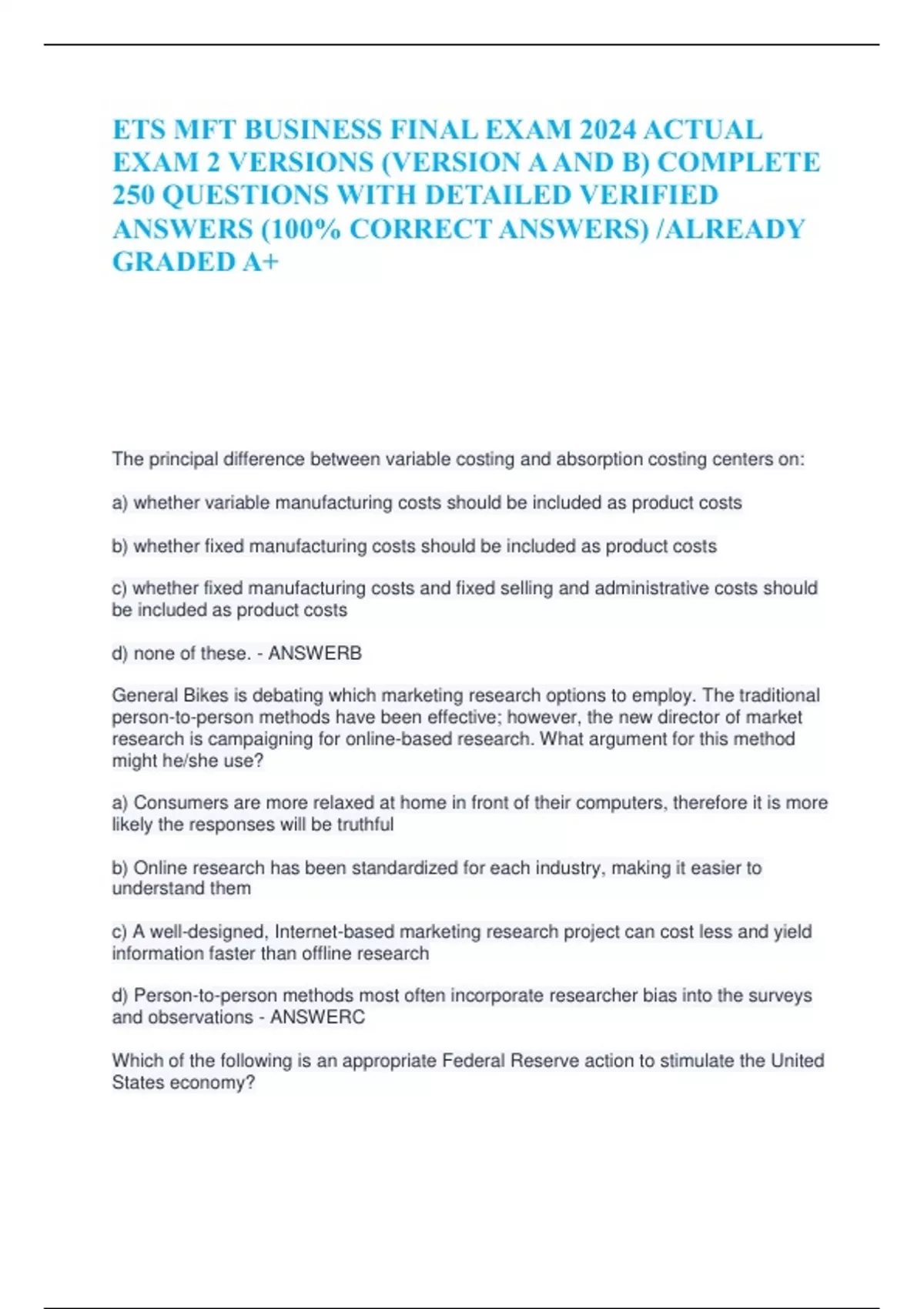 ETS MFT BUSINESS FINAL EXAM 2024 ACTUAL EXAM 2 VERSIONS (VERSION A AND B) COMPLETE 250 QUESTIONS ...