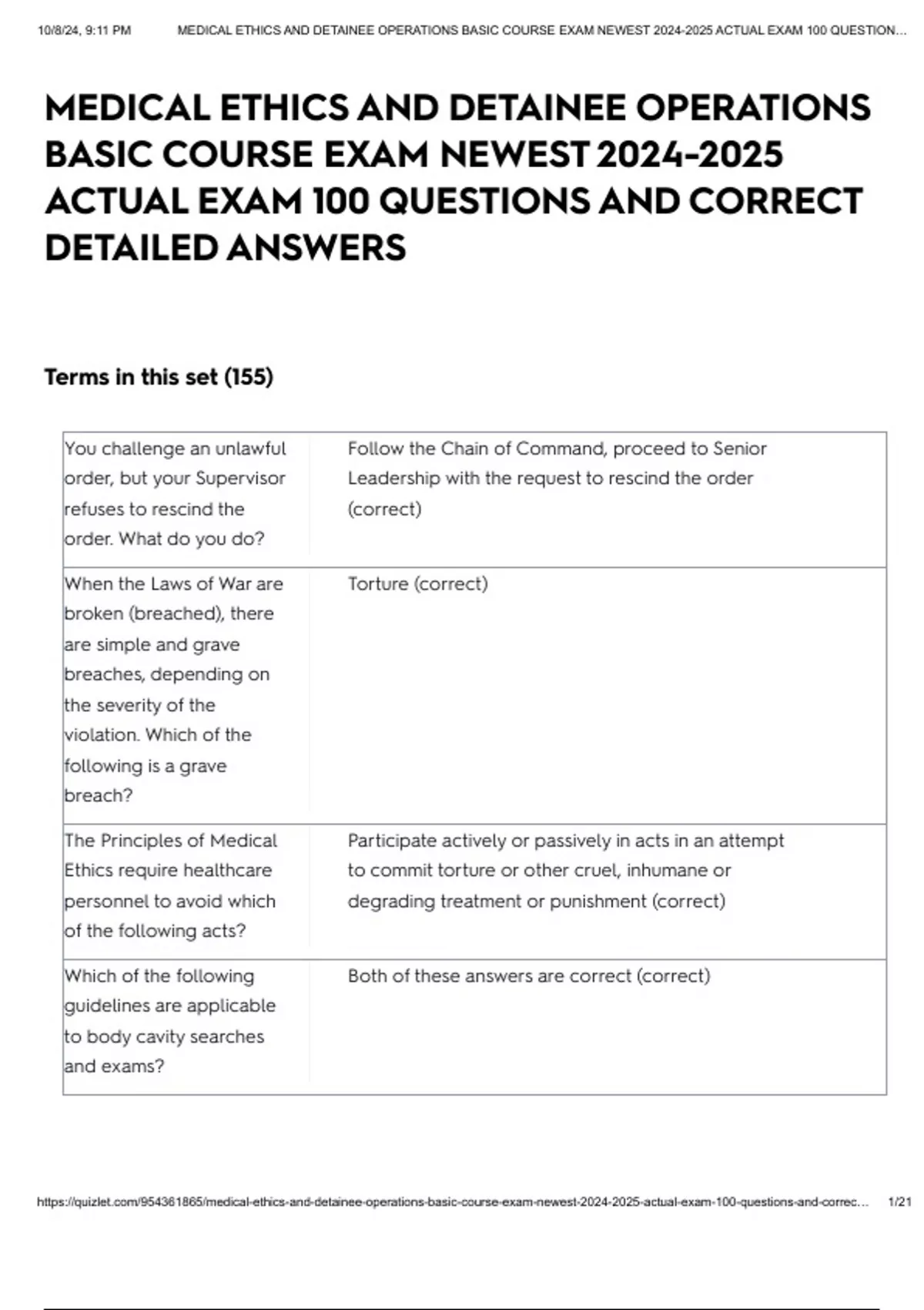MEDICAL ETHICS AND DETAINEE OPERATIONS BASIC COURSE EXAM NEWEST ACTUAL ...