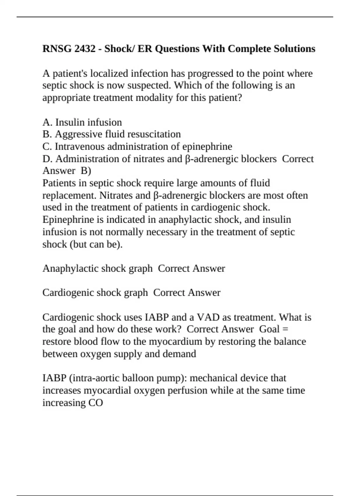 RNSG 2432 - Shock/ ER Questions With Complete Solutions - RNSG 2432 ...
