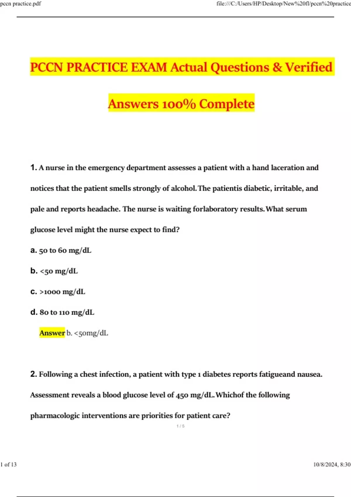 PCCN Practice Actual 2024 Questions with Verified Answers, 100% Guarantee Pass Score (2024 / ...