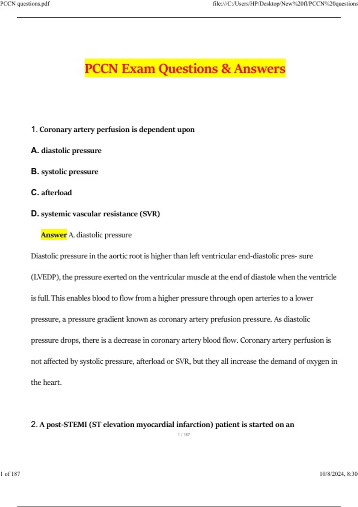 PCCN Actual 2024 Questions with Verified Answers, 100% Guarantee Pass ...