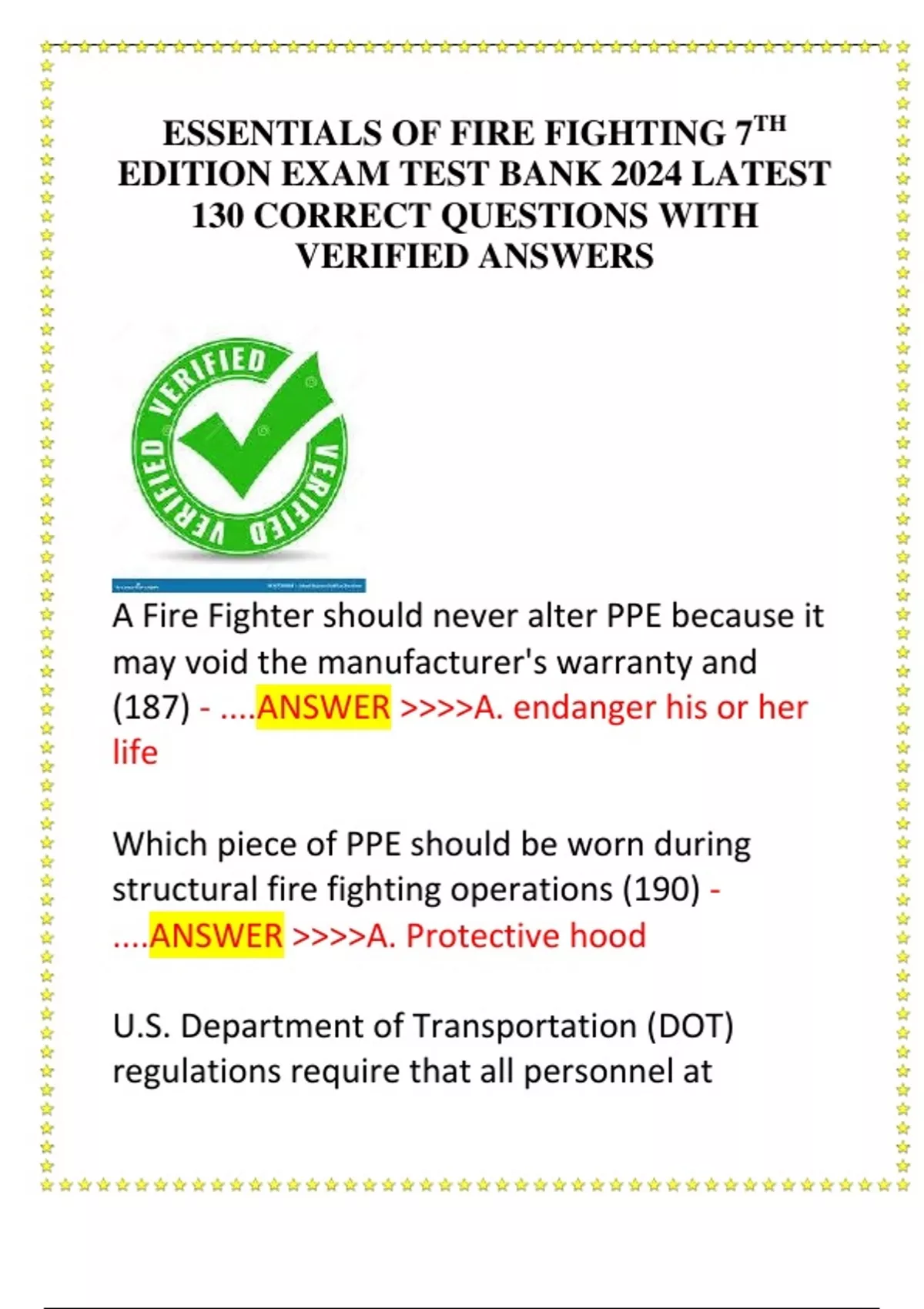 ESSENTIALS OF FIRE FIGHTING 7TH EDITION EXAM TEST BANK 2024 LATEST 130 ...