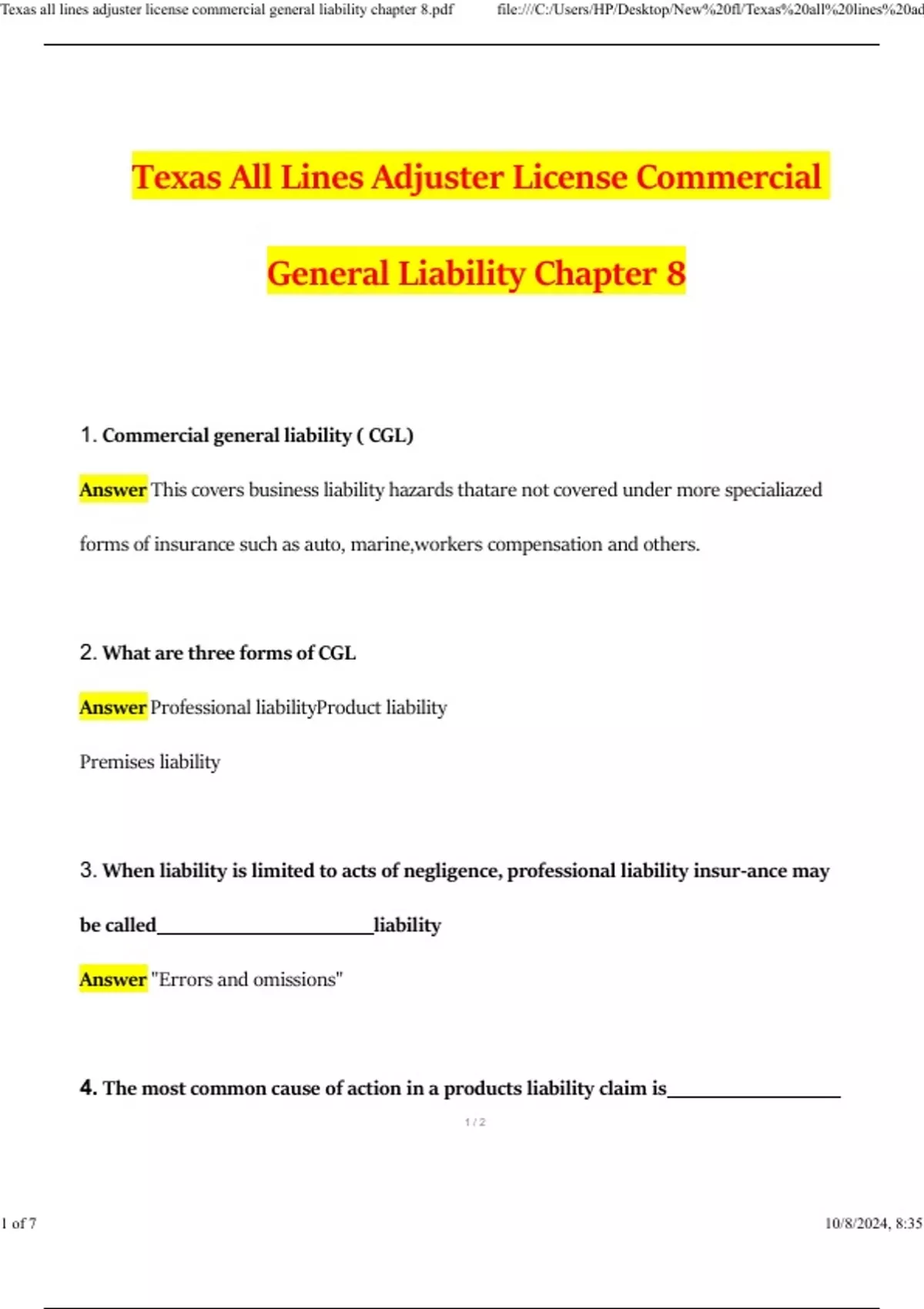 Texas All Lines Adjuster License Commercial General Liability Chapter 8 ...