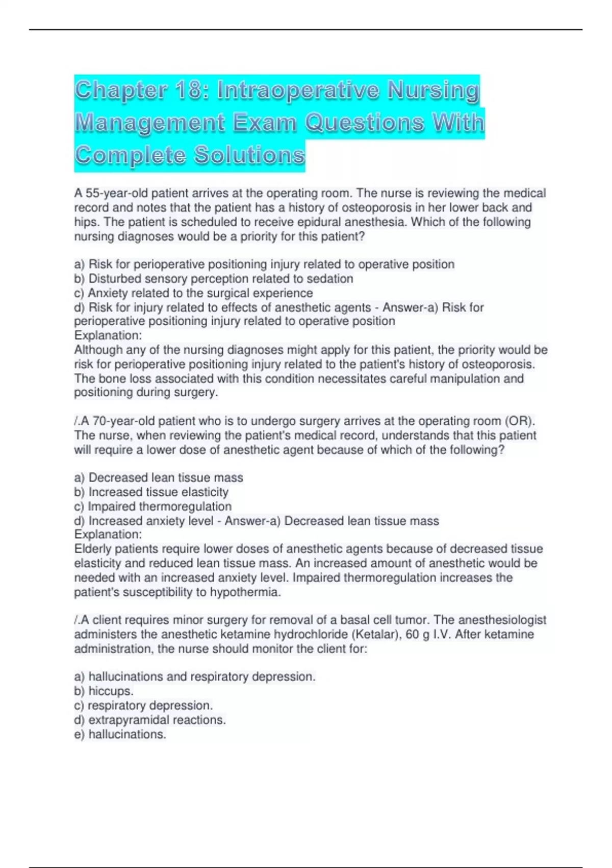 Chapter 18: Intraoperative Nursing Management Exam Questions With ...