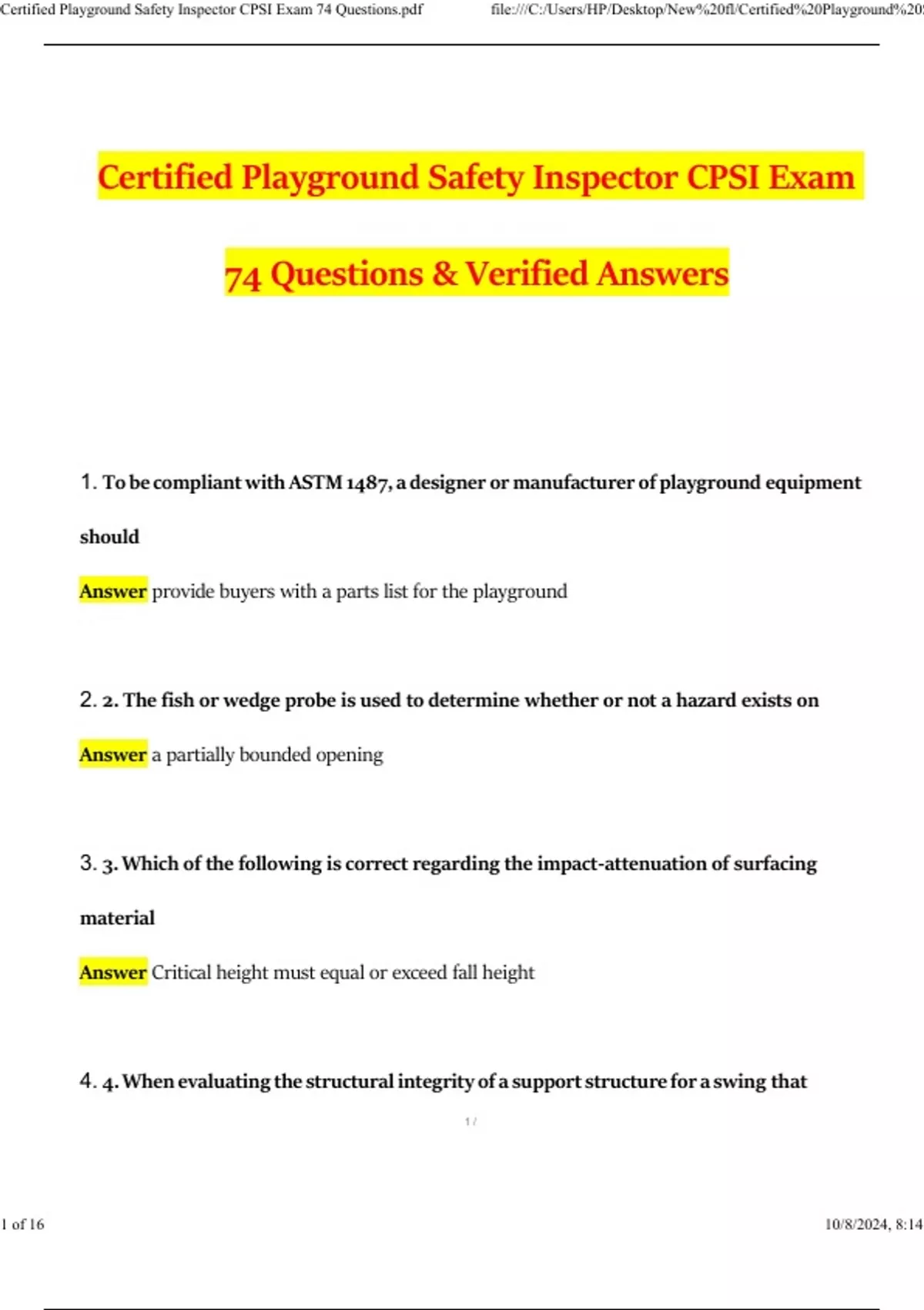 Certified Playground Safety Inspector CPSI Exam 74 Questions (2025 / ...