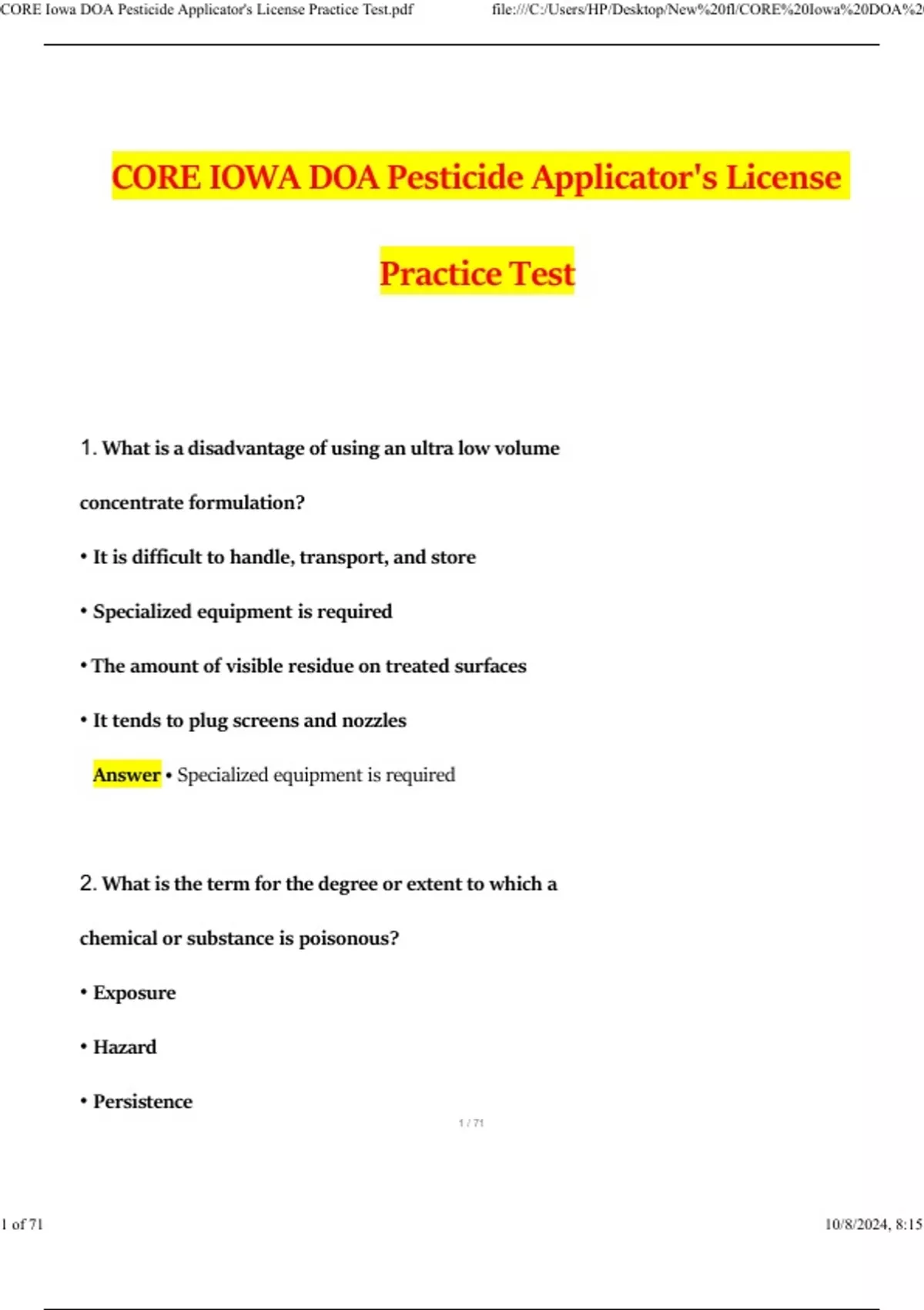 Iowa CORE DOA Pesticide Applicator-s License Practice Test (2024 / 2025 ...