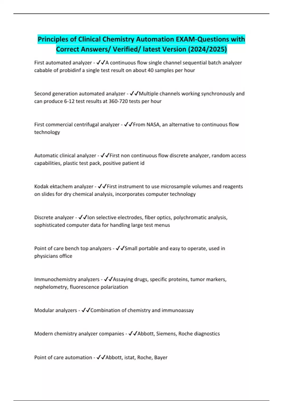 Principles of Clinical Chemistry Automation EXAM-Questions with Correct ...