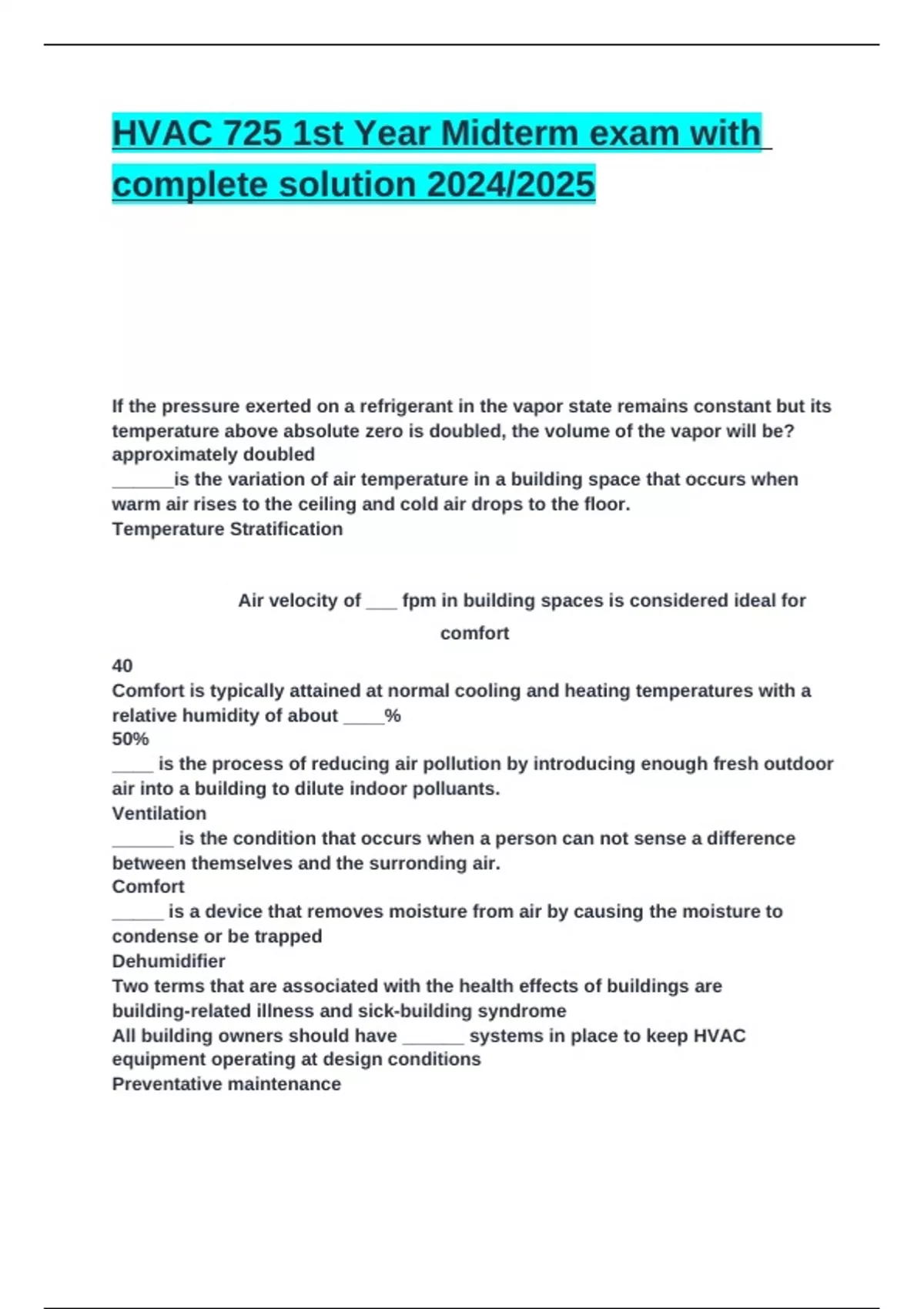 HVAC 725 1st Year Midterm exam with complete solution 2024_2025. - Hvac ...