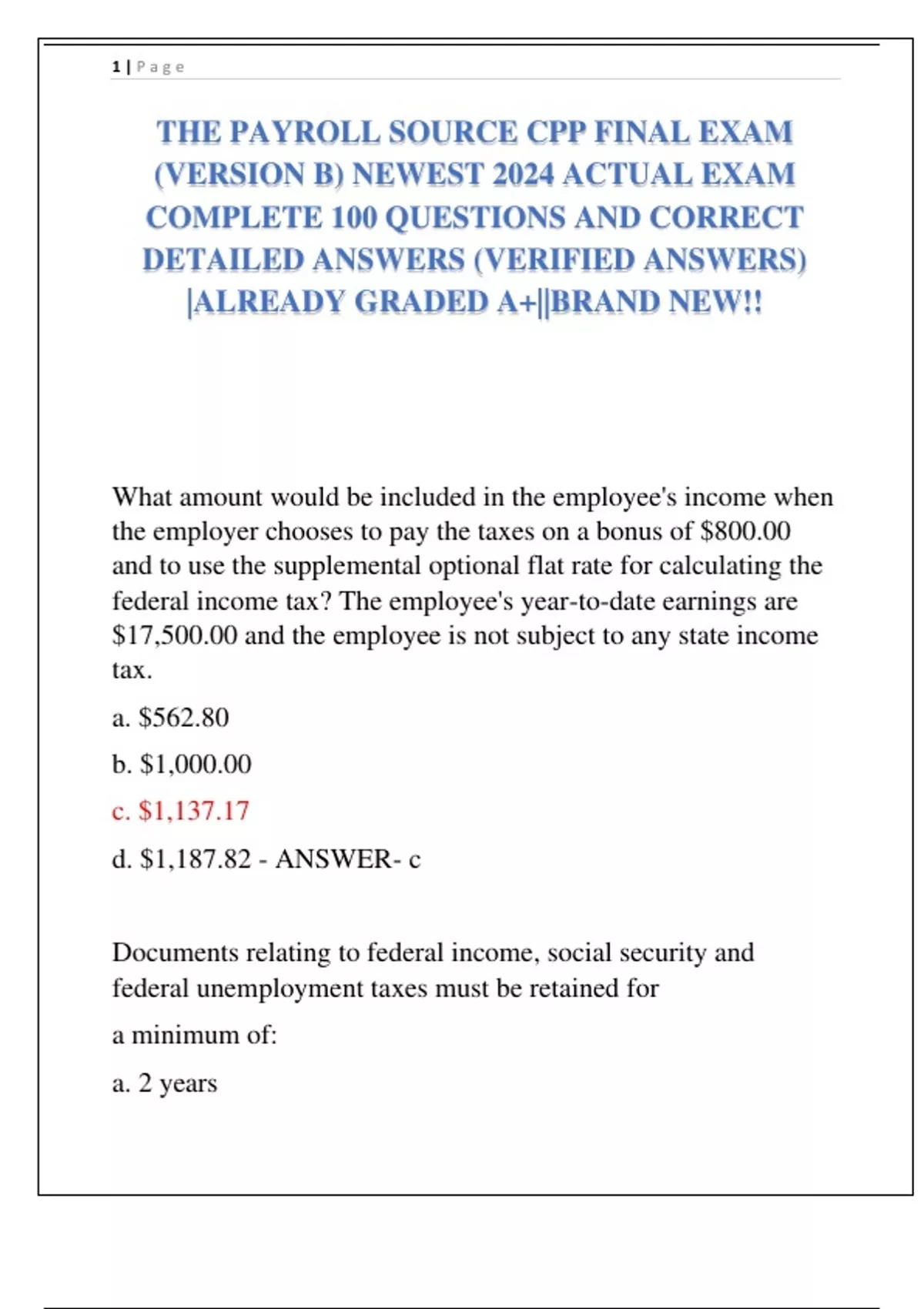 THE PAYROLL SOURCE CPP PACKAGE DEAL NEWEST 2024 ACTUAL EXAM COMPLETE QUESTIONS AND CORRECT ...