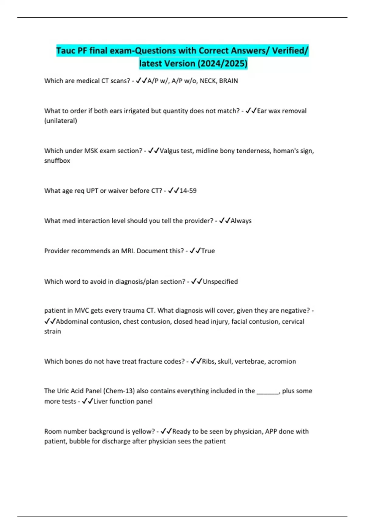 Tauc PF final exam-Questions with Correct Answers/ Verified/ latest ...