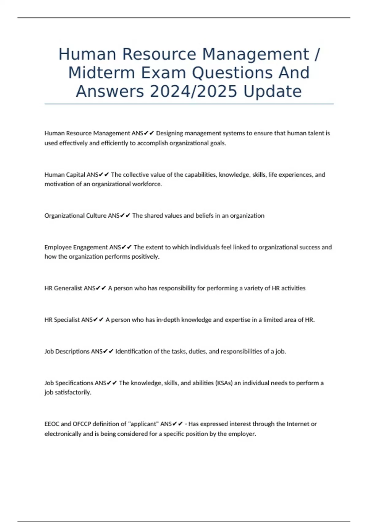 Human Resource Management / Midterm Exam Questions And Answers 2024/2025 Update - Human Resource ...