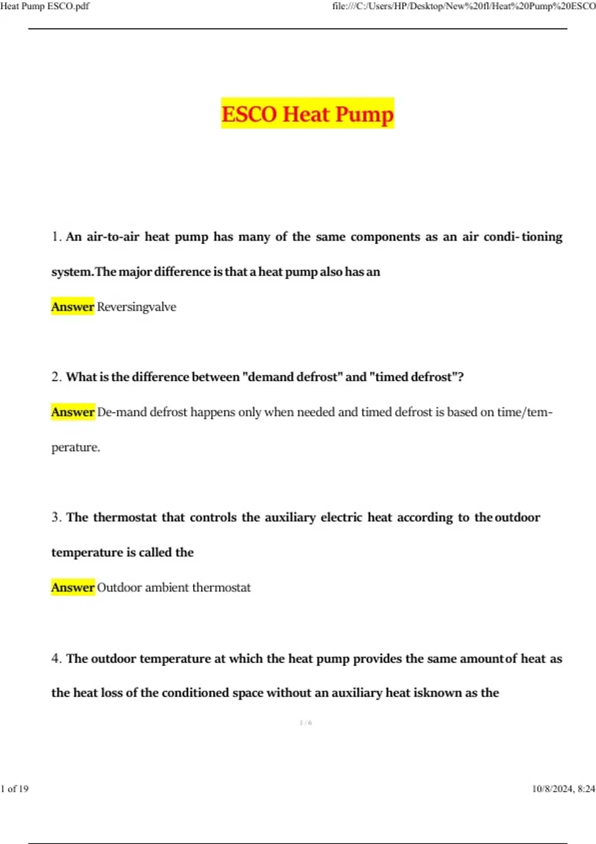 ESCO Heat Pump (2024 / 2025) Questions with Verified Answers, 100% ...