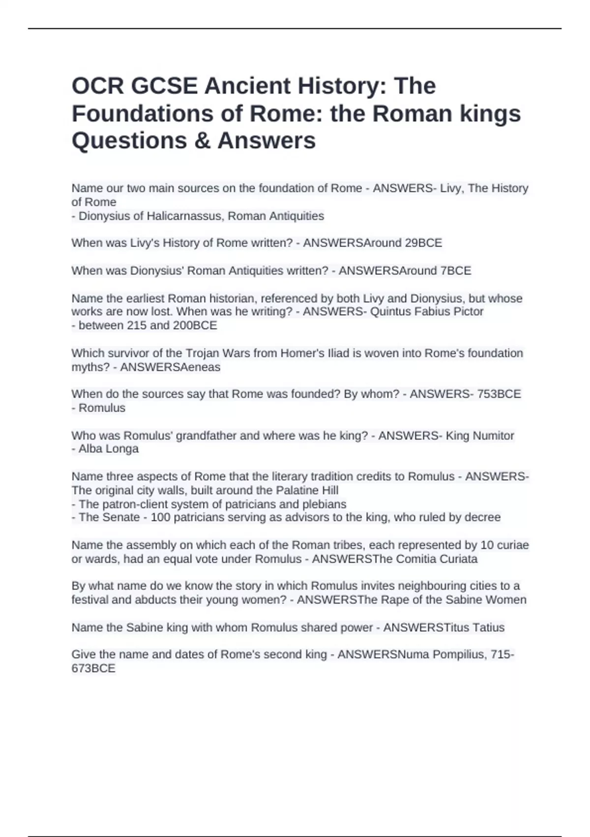 OCR GCSE Ancient History: The Foundations of Rome: the Roman kings Questions & Answers - OCR ...