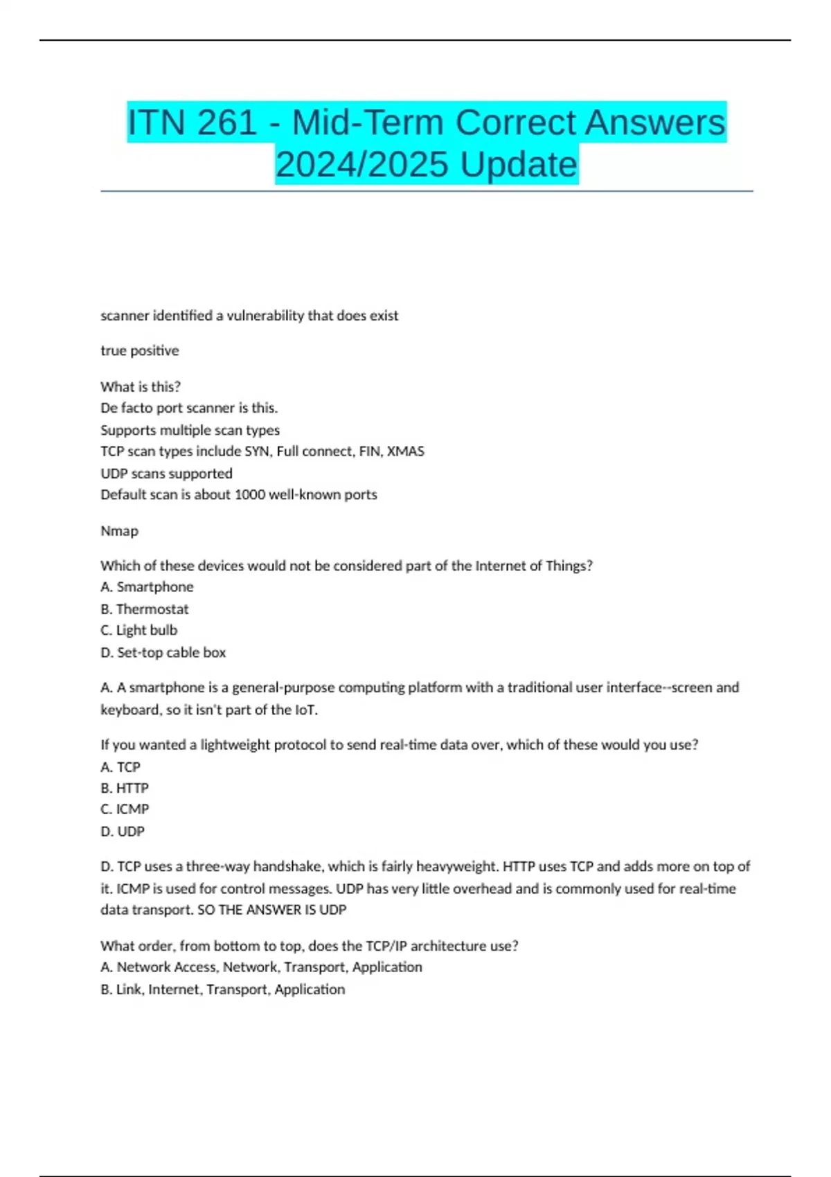 ITN 261 - Mid-Term Correct Answers 2024/2025 Update - ITN 261 - Stuvia US