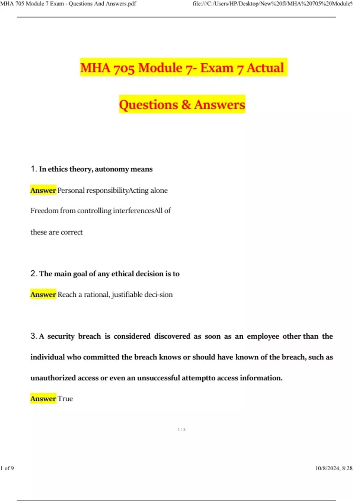 MHA 705 Module 7 Exam Actual 2024 - Questions And Answers - MHA 705 ...