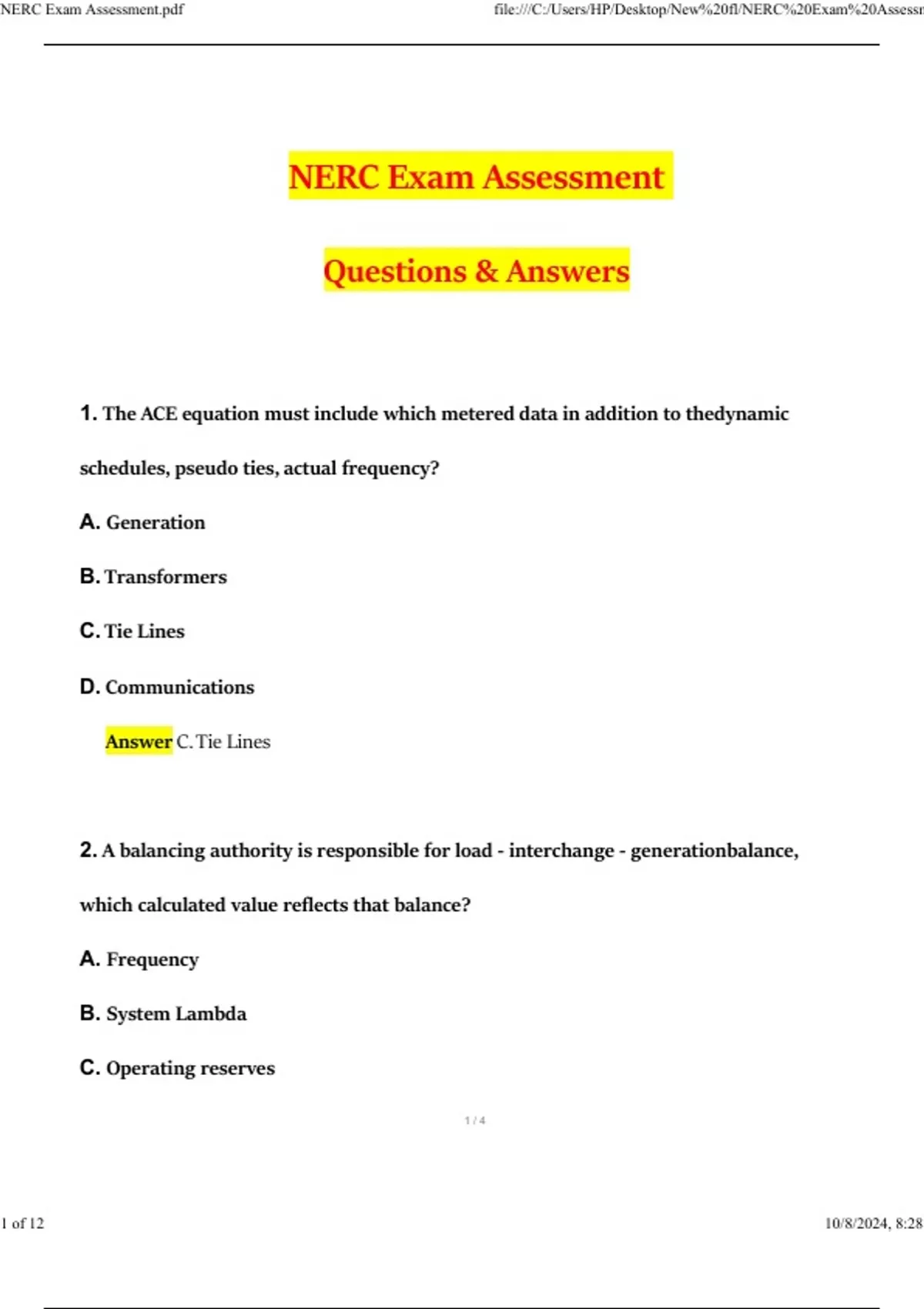 NERC Exam Assessment (2024 / 2025) Questions with Verified Answers, 100 ...